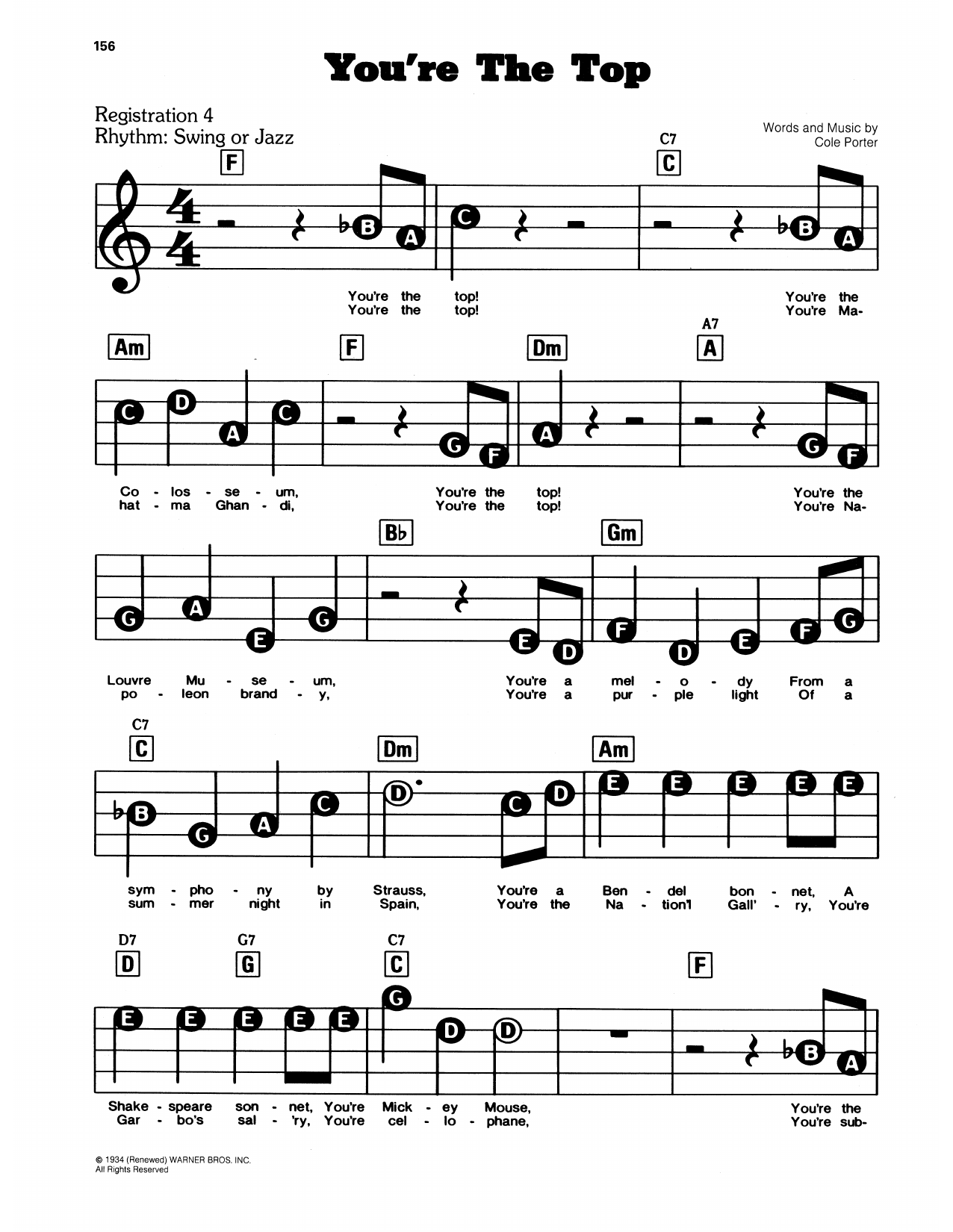 You're The Top (from Anything Goes) by Cole Porter Sheet Music for E-Z ...