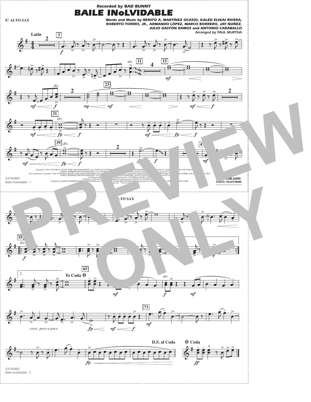 Baile Inolvidable (arr. Paul Murtha) - Eb Alto Sax by Bad Bunny Sheet ...