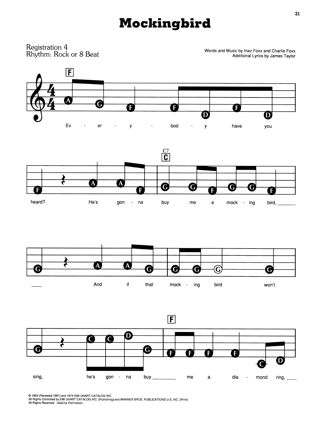 Mockingbird by Carly Simon & James Taylor Sheet Music for E-Z Play ...