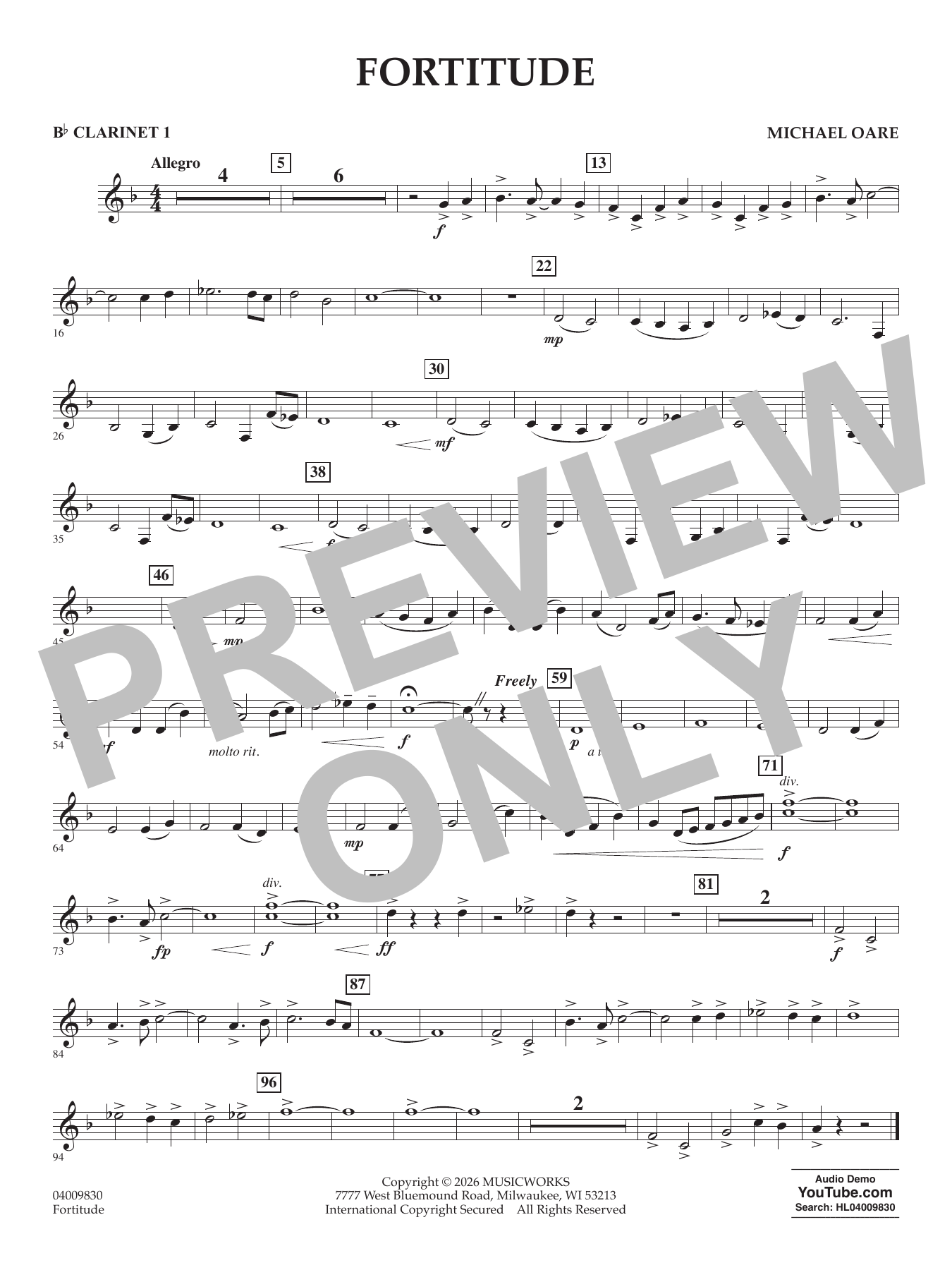 FORTITUDE - BB CLARINET 1 PAR MICHAEL OARE PARTITIONS POUR ORCHESTRE D ...