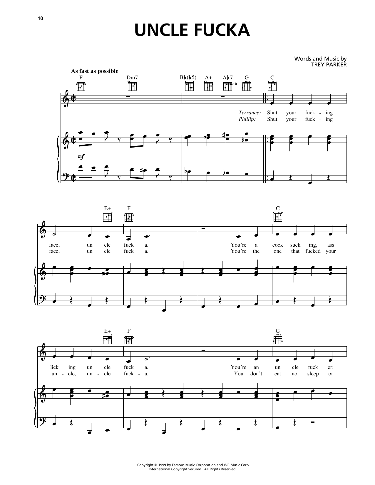 Uncle Fucka (from South Park) by Trey Parker Sheet Music for Piano ...