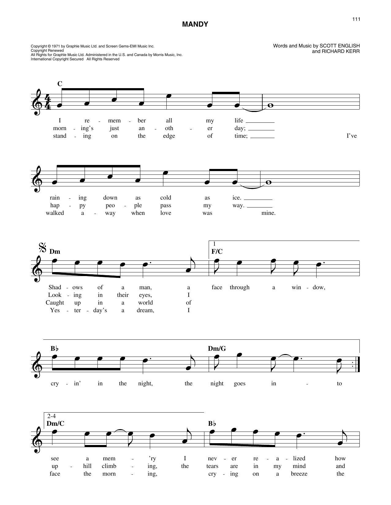 Mandy by Barry Manilow Sheet Music for Easy Lead Sheet / Fake Book at Sheet Music Direct