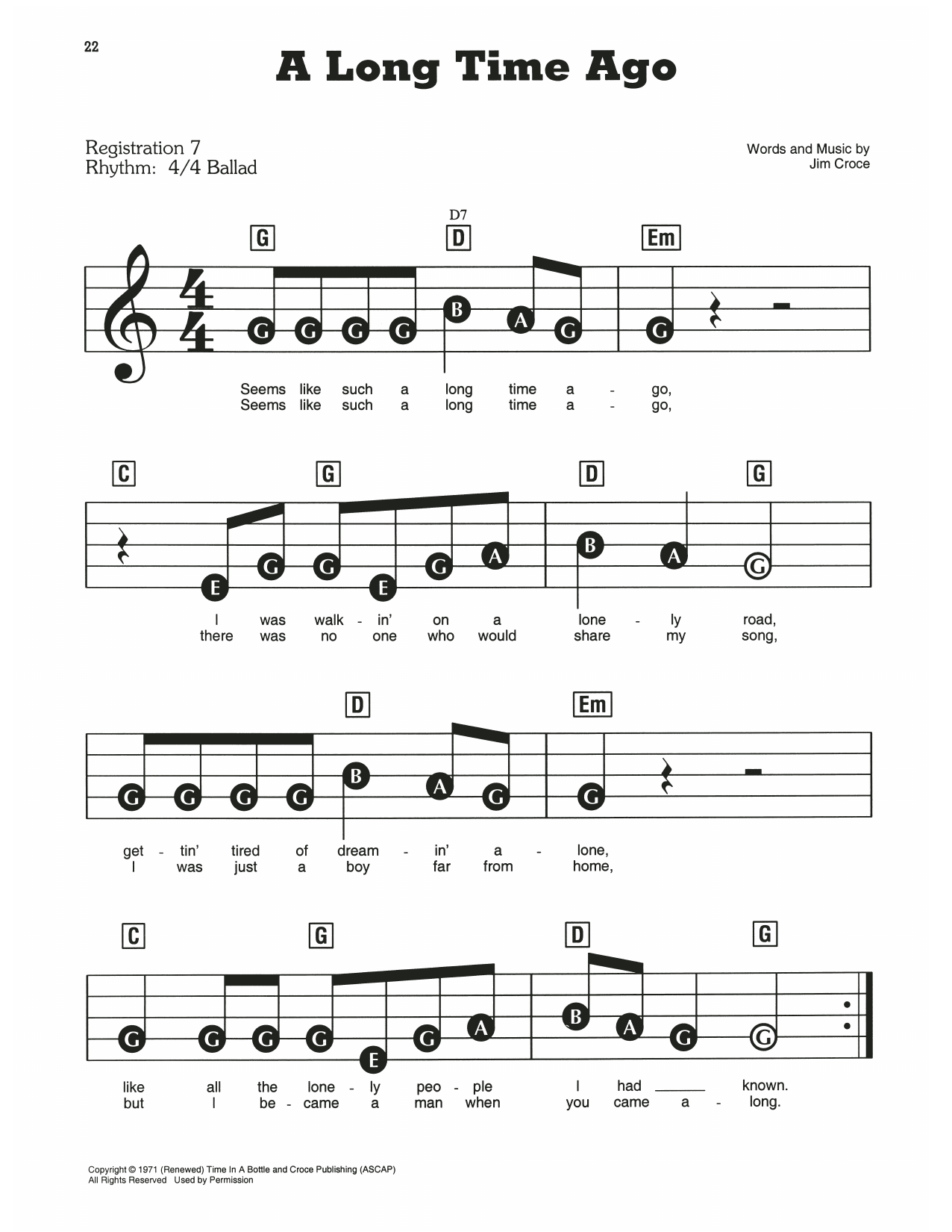 A Long Time Ago by Jim Croce Sheet Music for E-Z Play Today at Sheet ...
