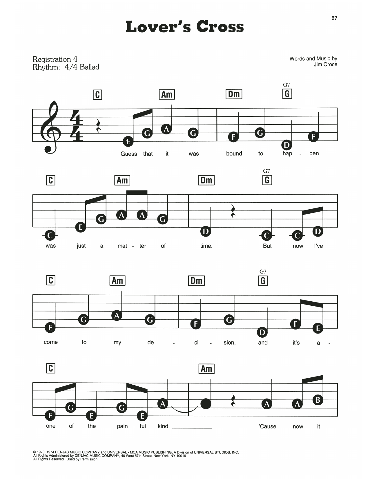Lover's Cross by Jim Croce Sheet Music for E-Z Play Today at Sheet ...