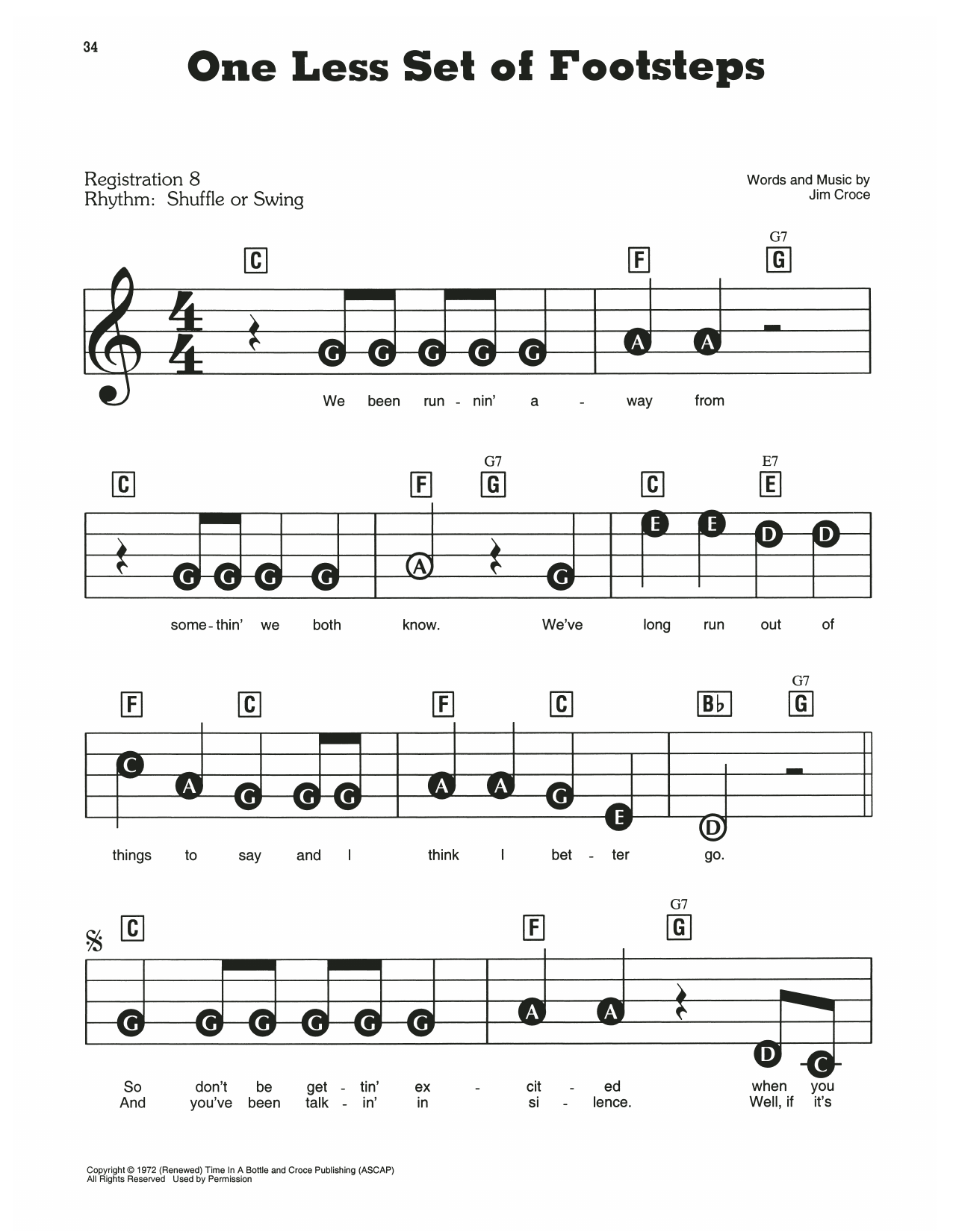 One Less Set Of Footsteps by Jim Croce Sheet Music for E-Z Play Today ...