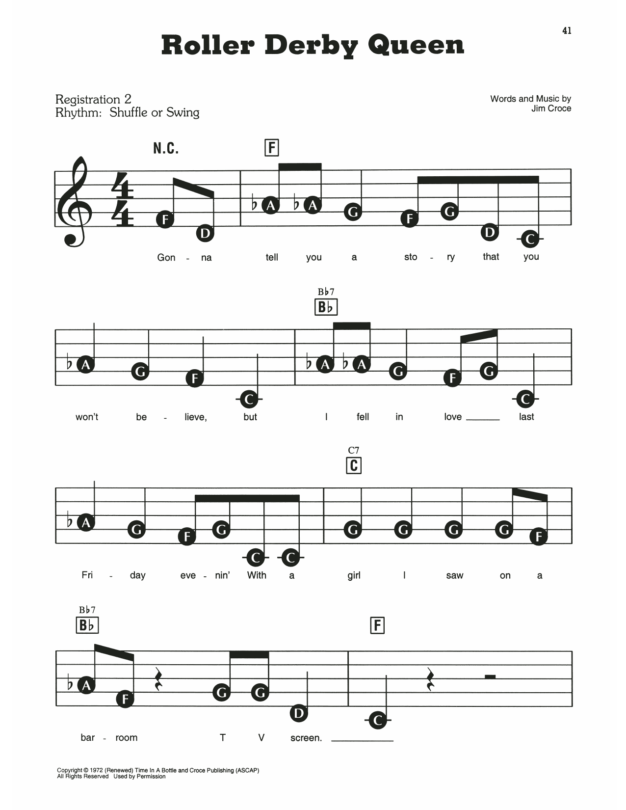 Roller Derby Queen by Jim Croce Sheet Music for E-Z Play Today at Sheet ...