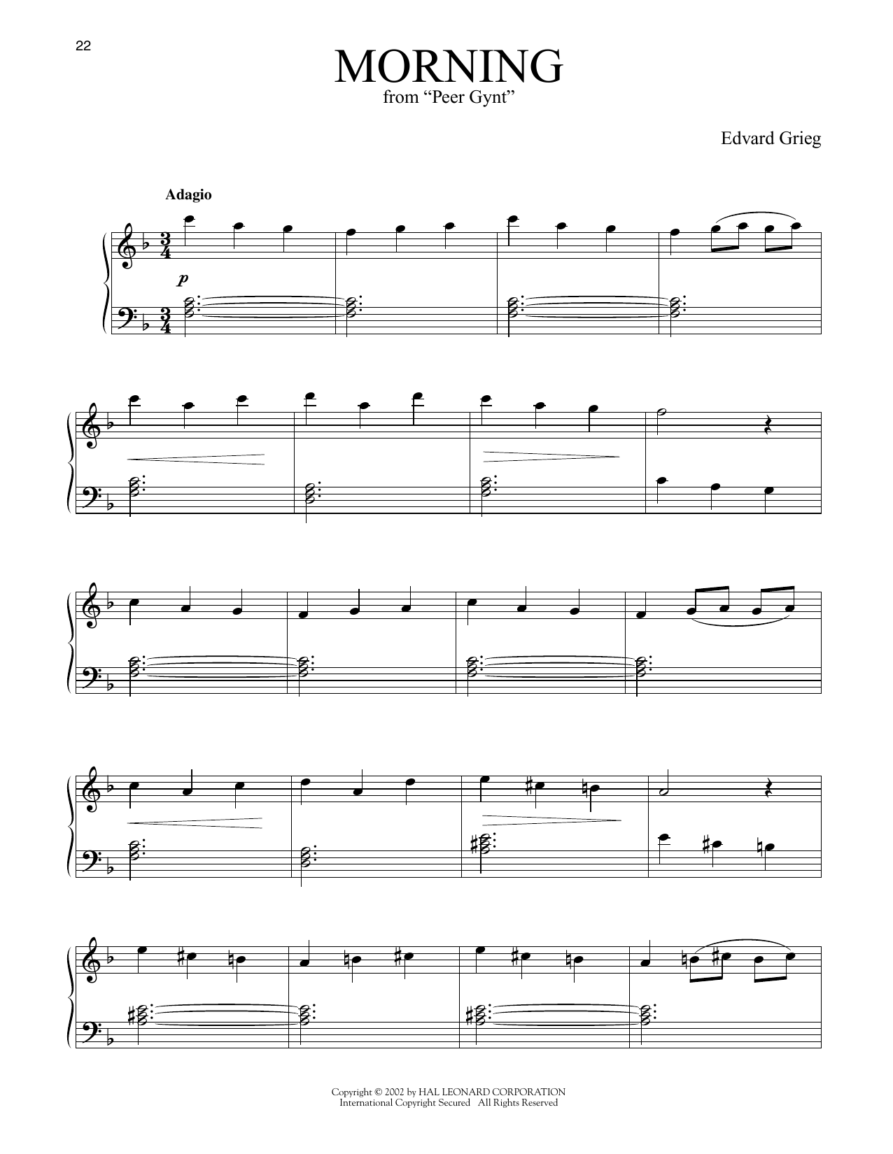 Morning by Edvard Grieg Sheet Music for Easy Piano at Sheet Music Direct