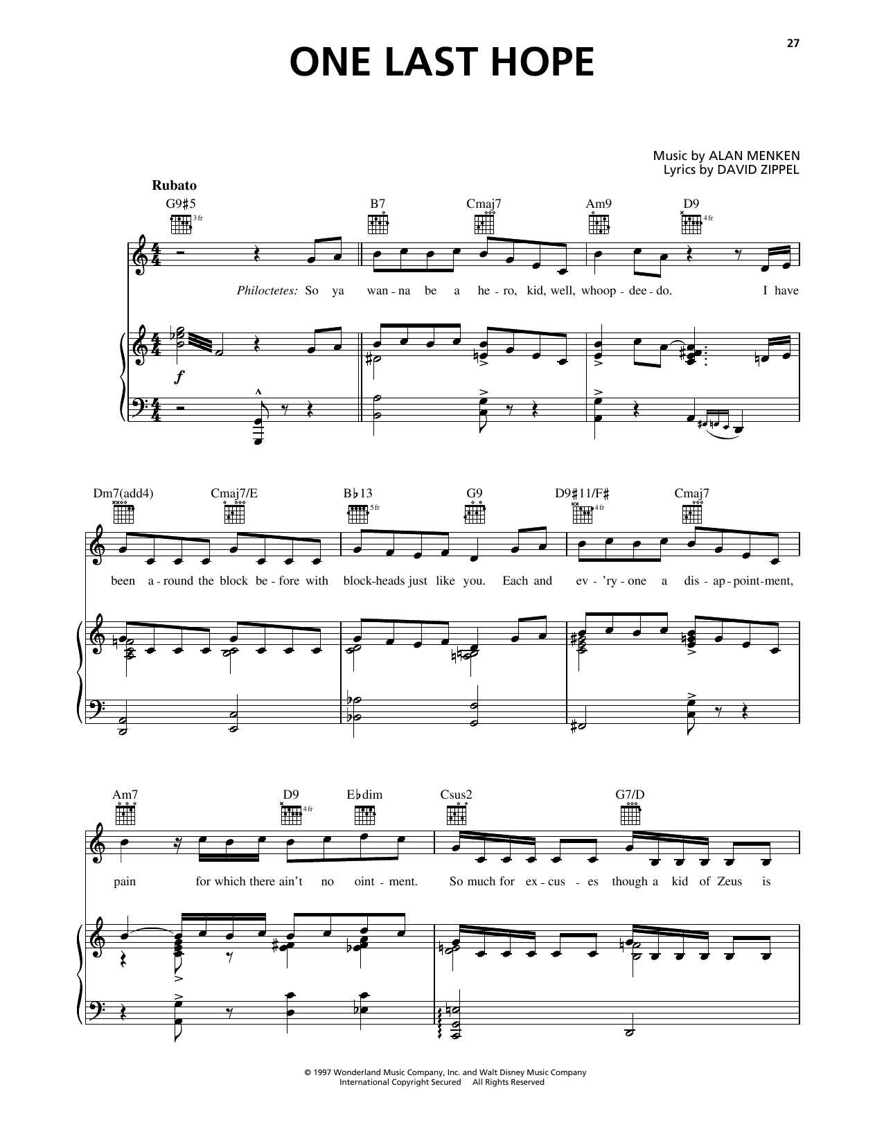 One Last Hope (from Hercules) by Alan Menken Sheet Music for Piano ...