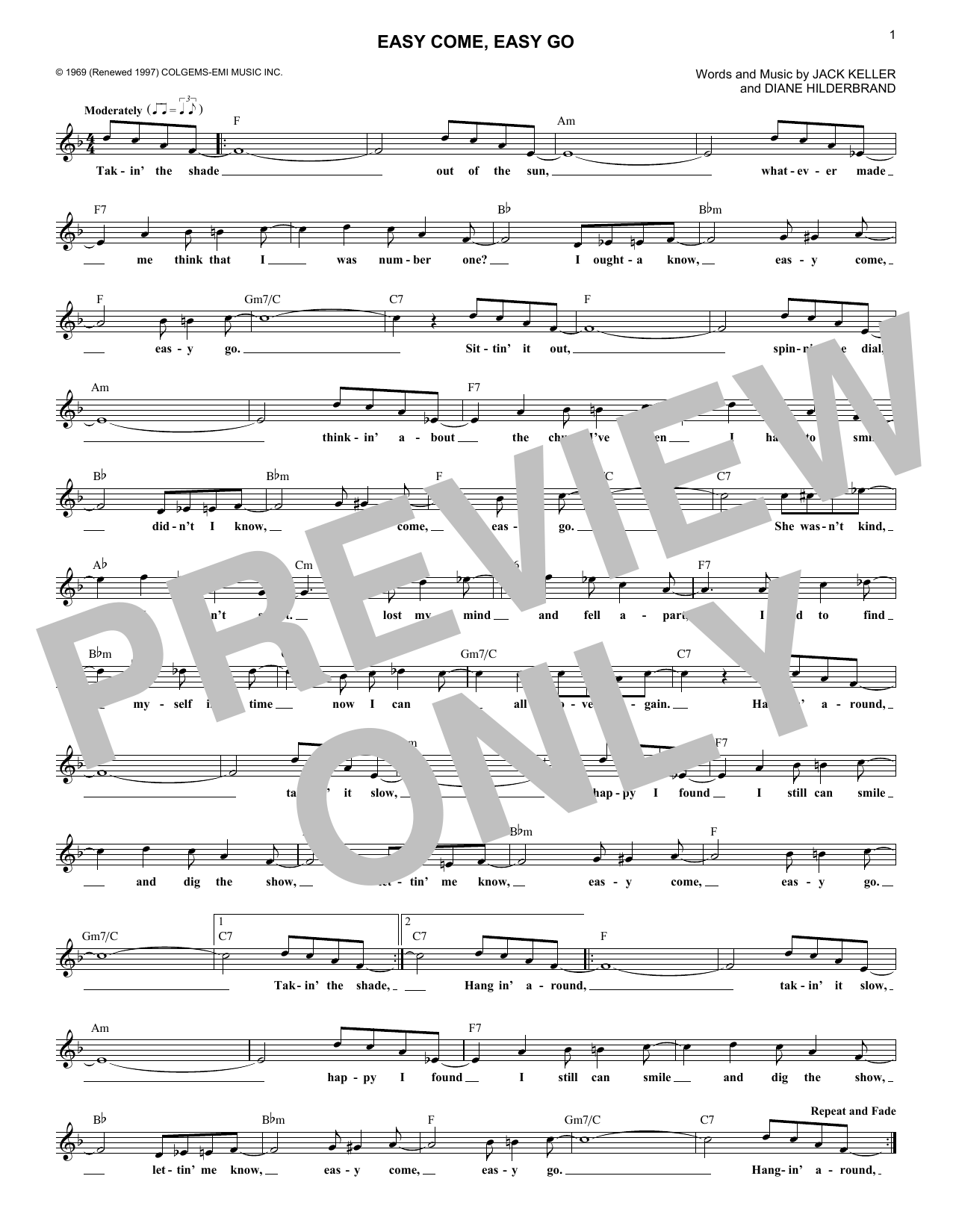 Easy Come Easy Go Sheet Music Bobby Sherman Lead Sheet Fake Book