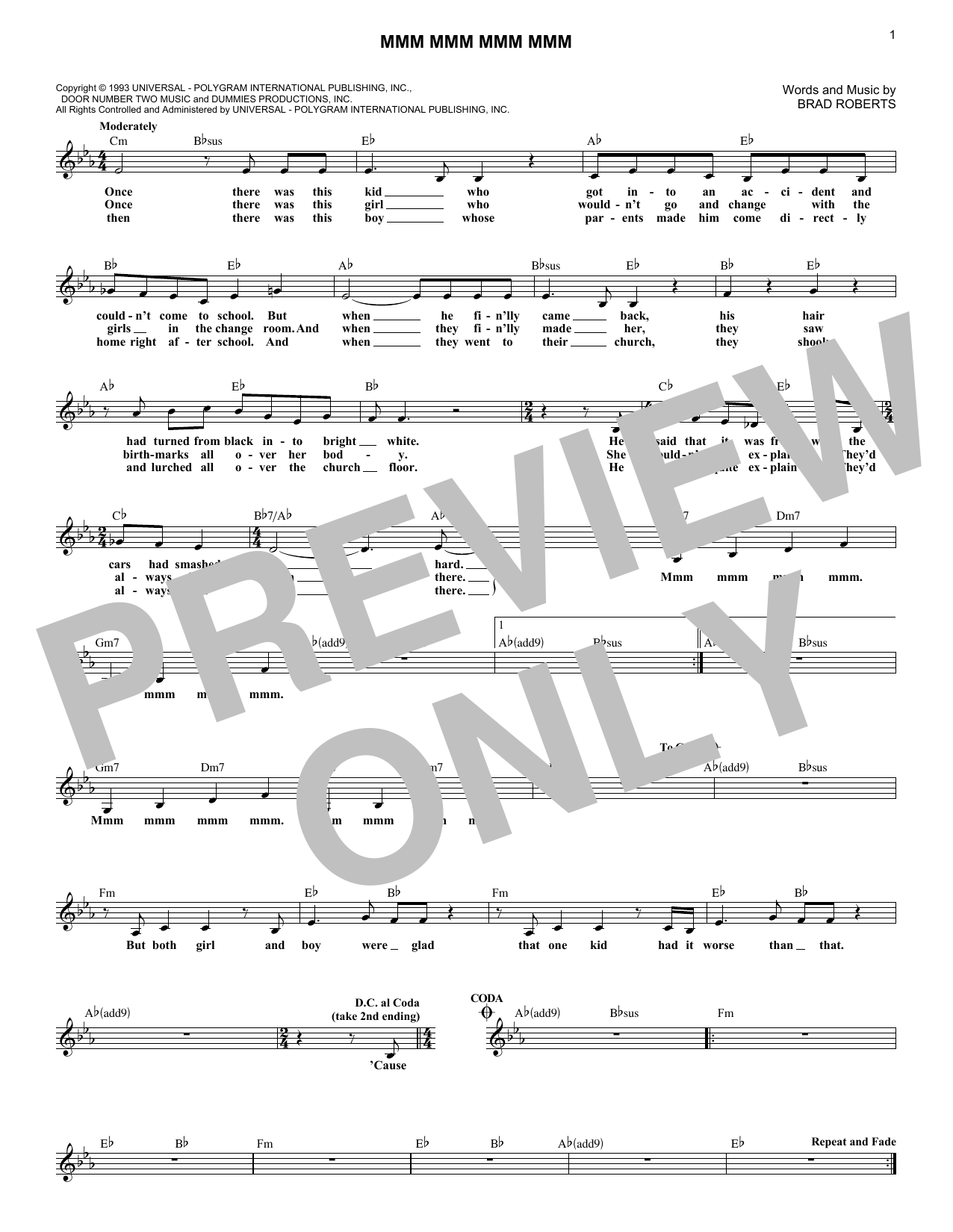Mmm Mmm Mmm Mmm Sheet Music Crash Test Dummies Lead Sheet Fake Book