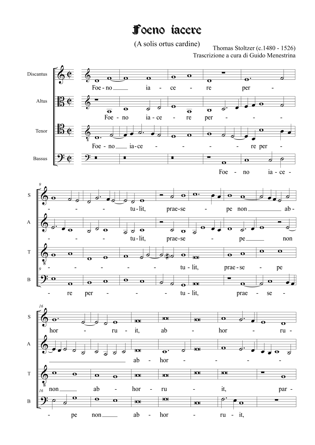 Foeno iacere a 4 (arr. Guido Menestrina) by Thomas Stoltzer Sheet Music ...