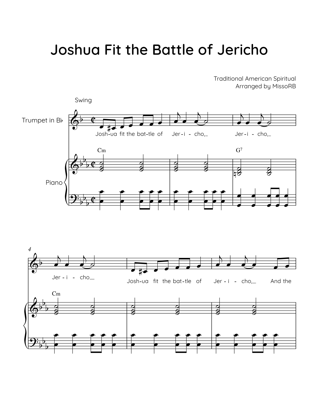 Joshua Fit the Battle of Jericho - Trumpet & Piano in Cm With Chords ...
