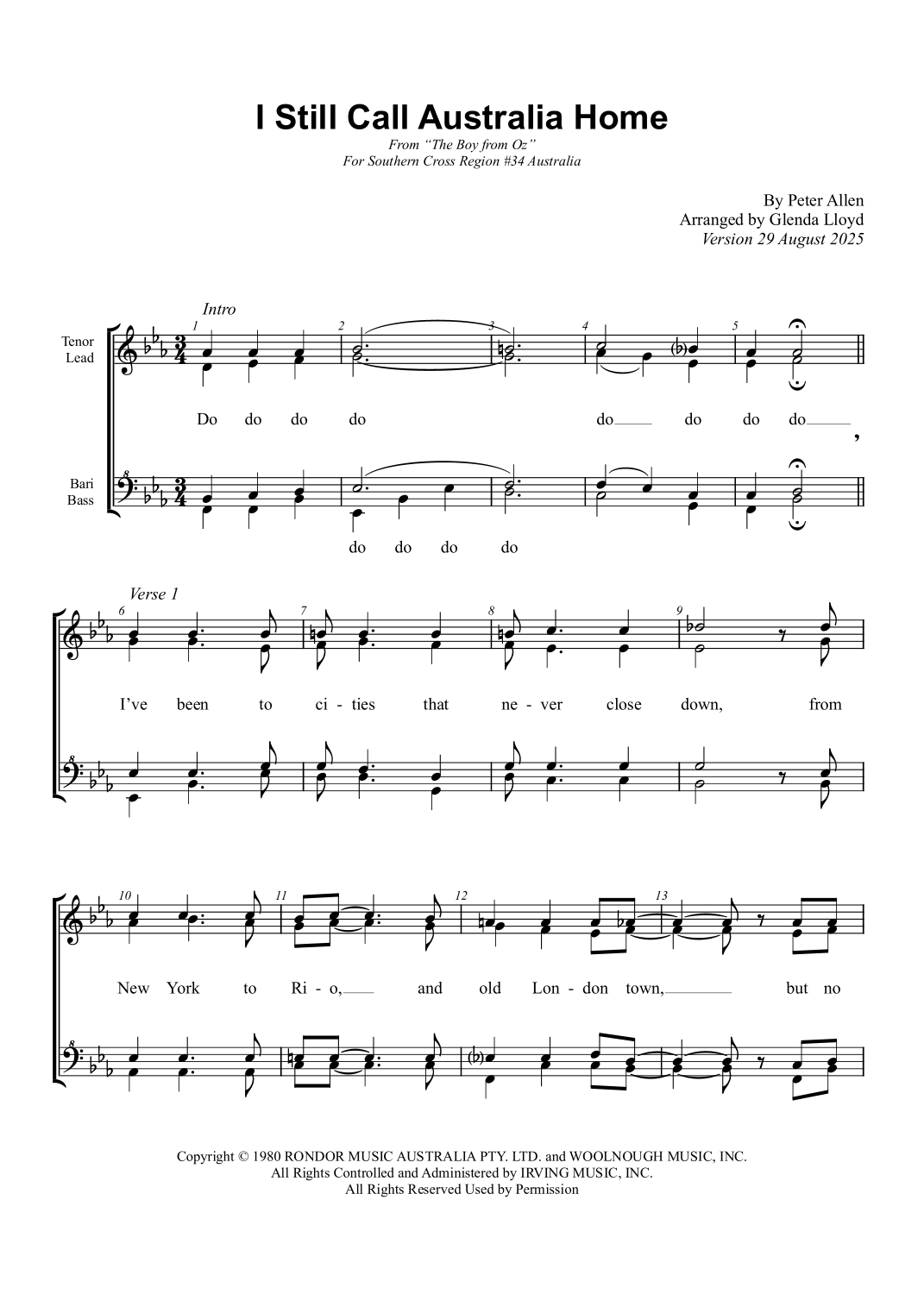 I Still Call Australia Home (arr. Glenda Lloyd by Peter Allen Sheet ...
