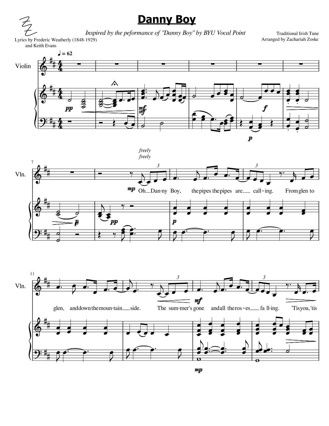 Danny Boy (arr. Unknown) by Irish Folksong Sheet Music for Piano ...