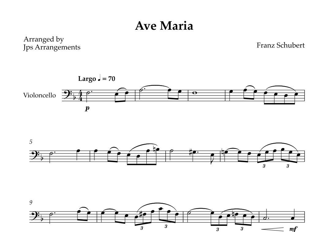 Ave Maria (Schubert) - Easy Cello Solo - Key of F Major (arr. Jps ...