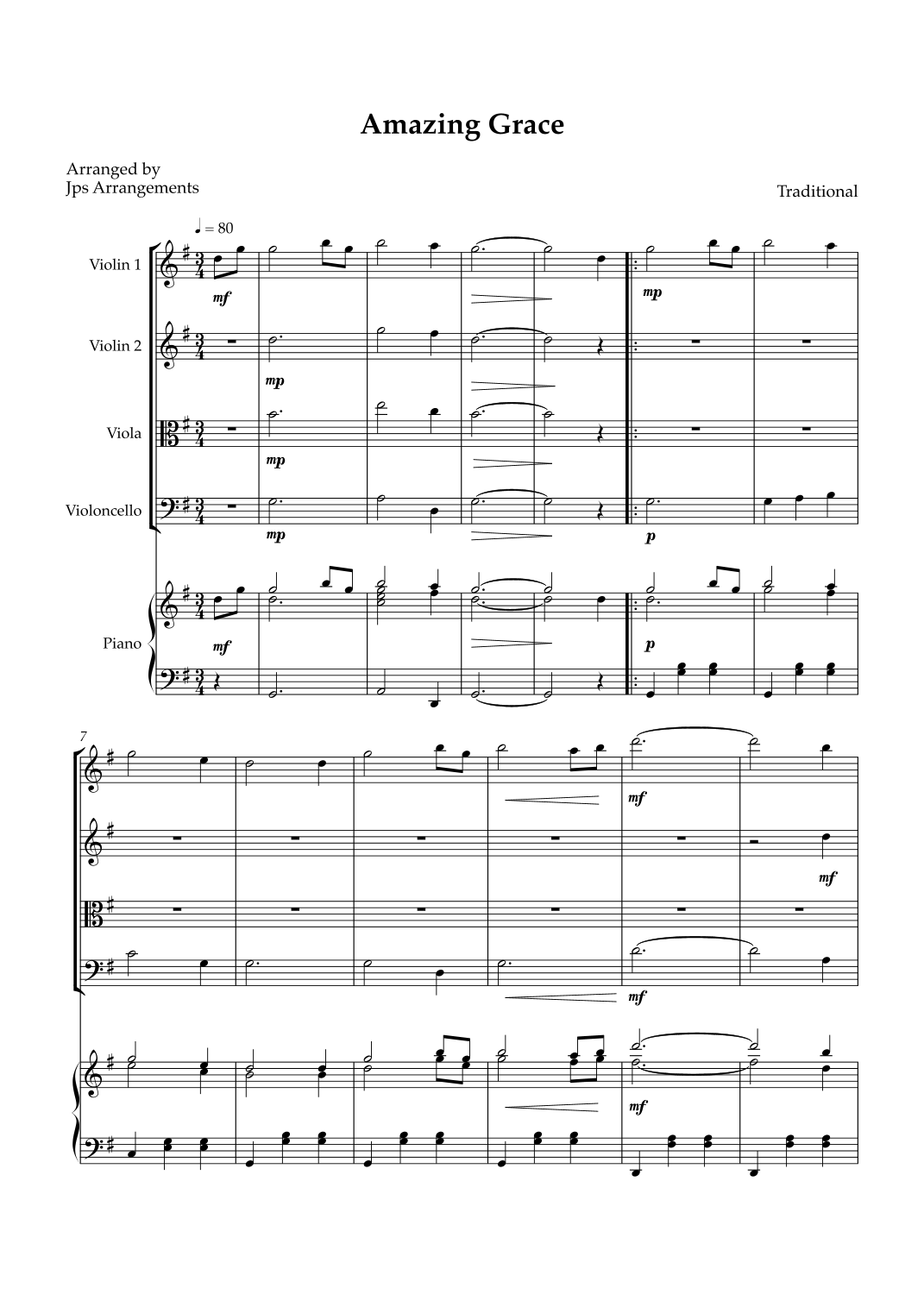 Amazing Grace - Christian Hymn - Easy String Quartet & Piano (G Major ...