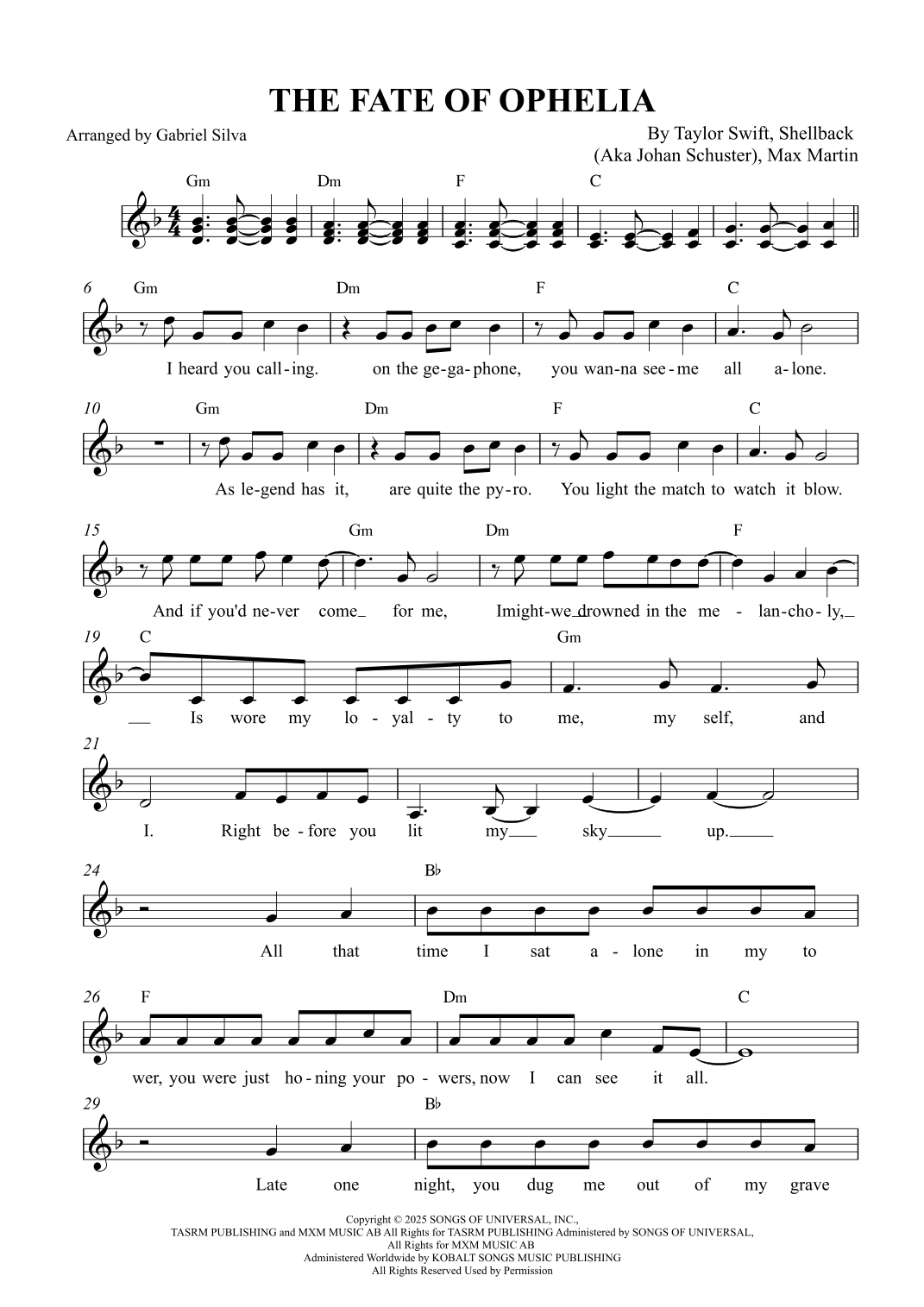 The Fate Of Ophelia (arr. Gabriel Silva) by Taylor Swift Sheet Music ...