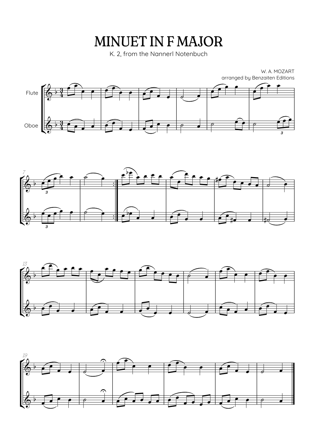 Mozart: Minuet in F Major | flute and oboe duet sheet music (arr ...