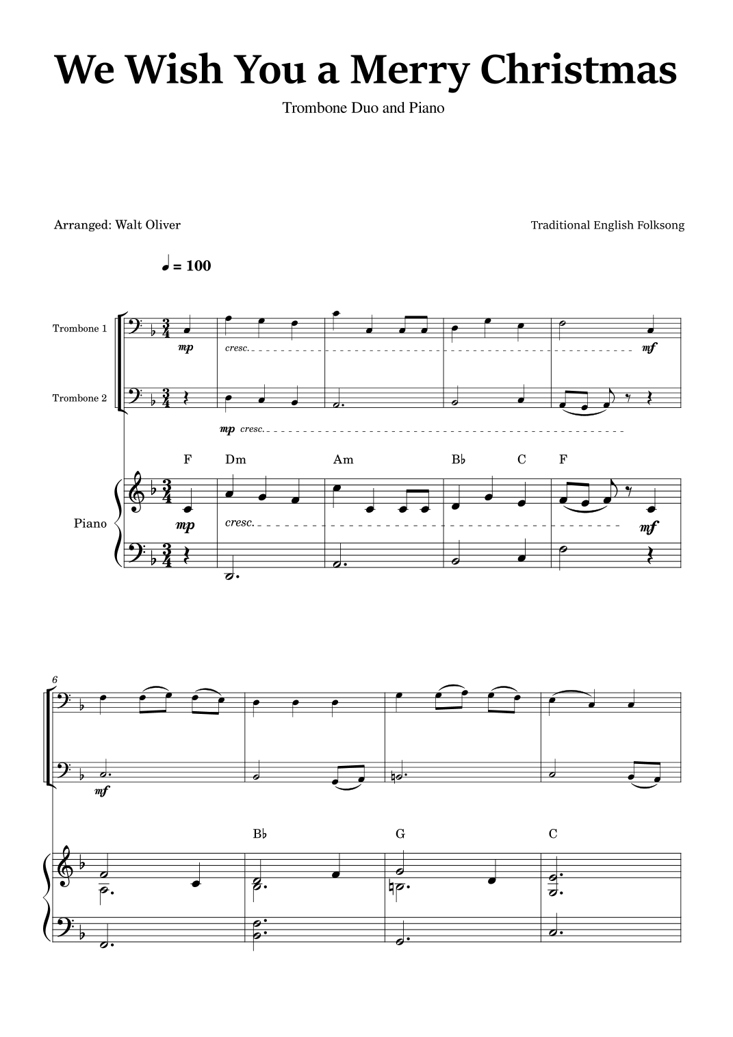 We Wish You a Merry Christmas - Easy Trombone Duet and Piano - F major ...