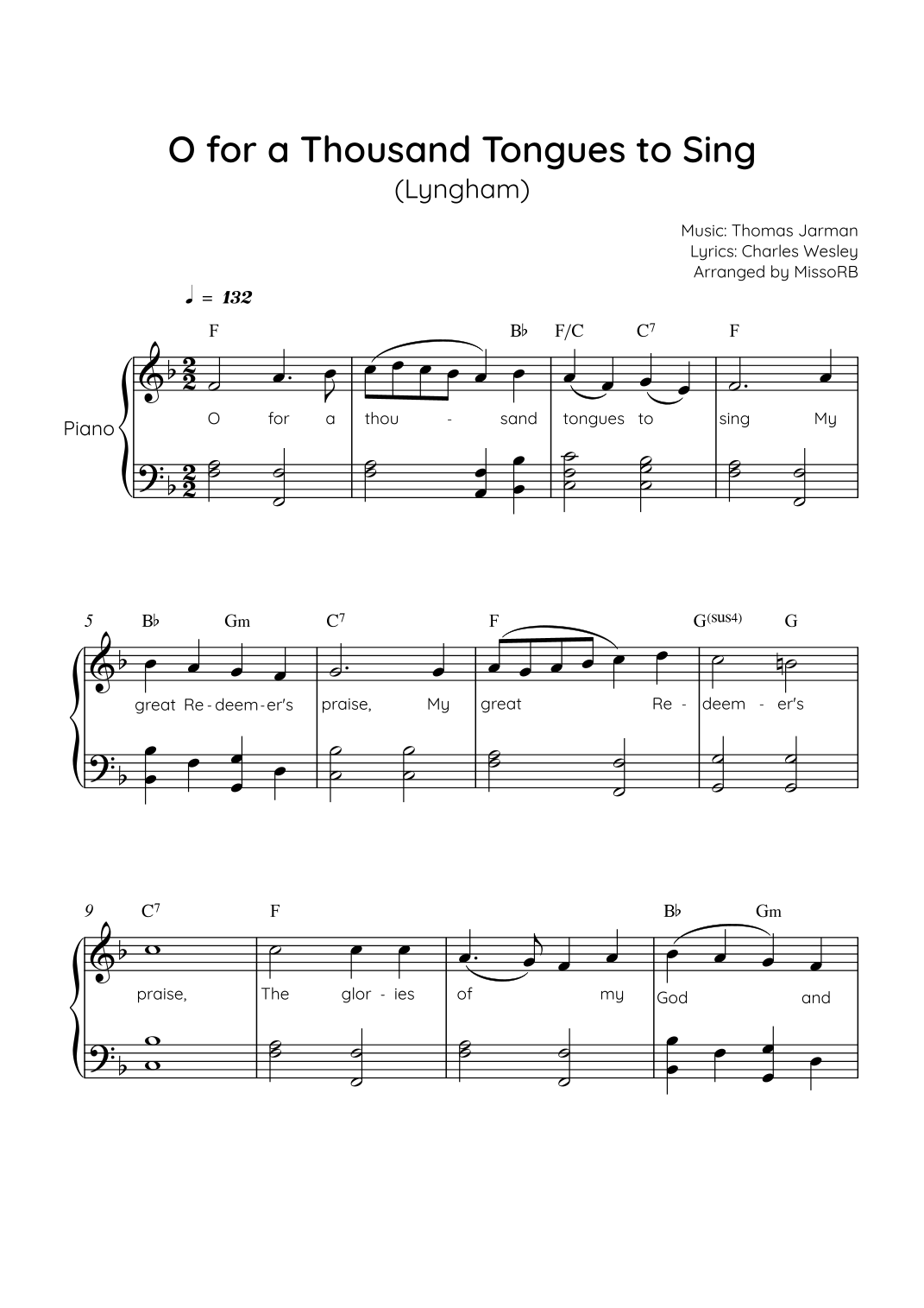 O for a Thousand Tongues to Sing (Lyngham) - Piano in F With Chords ...