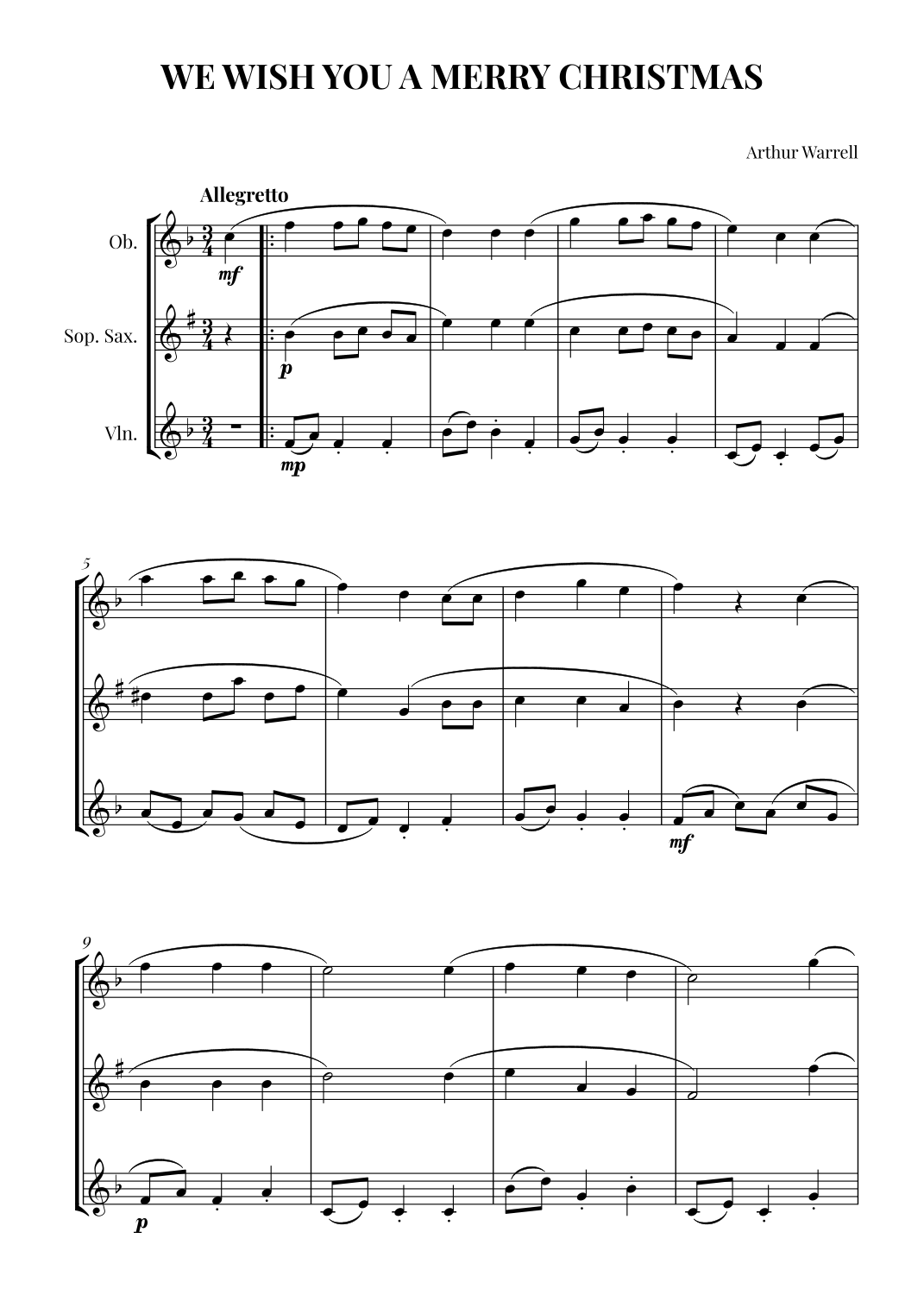 We Wish You a Merry Christmas - for Oboe, Soprano Sax and Violin (arr ...