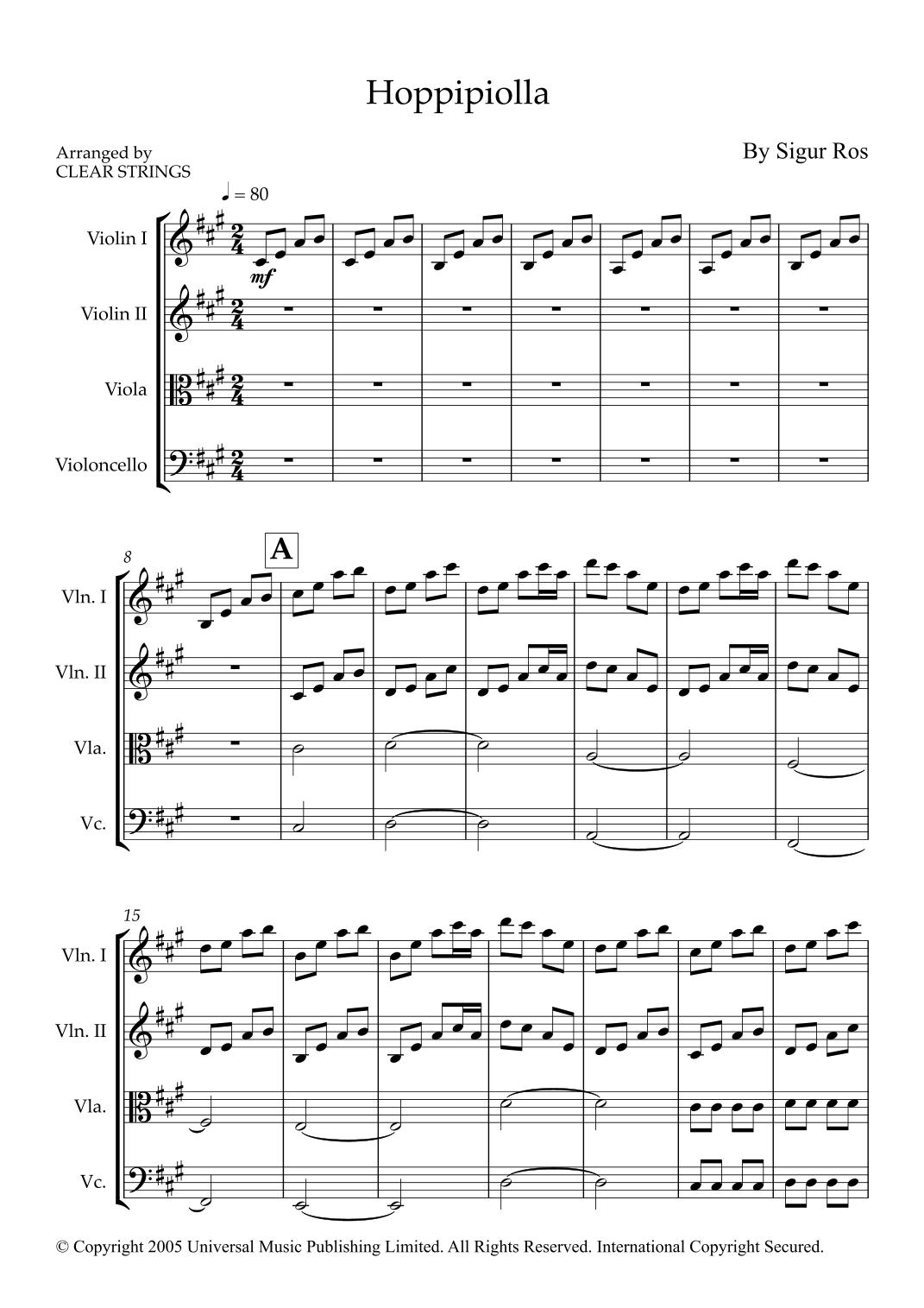Hoppipolla (arr. Clear Strings) by Sigur Ros Sheet Music for String Quartet at Sheet Music Direct