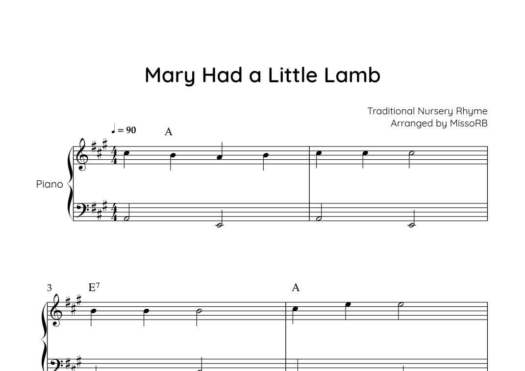 Mary Had a Little Lamb - Piano in A With Chords - Easy (arr. MissoRB ...