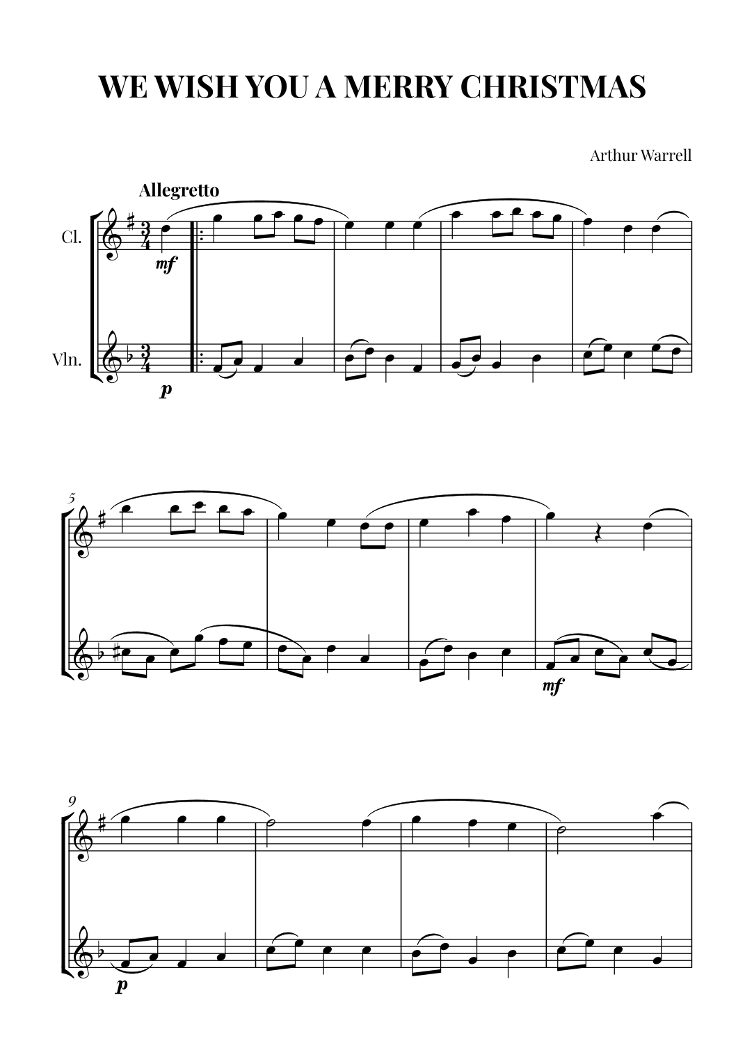 We Wish You a Merry Christmas - for Clarinet and Violin (arr. Leonardo ...