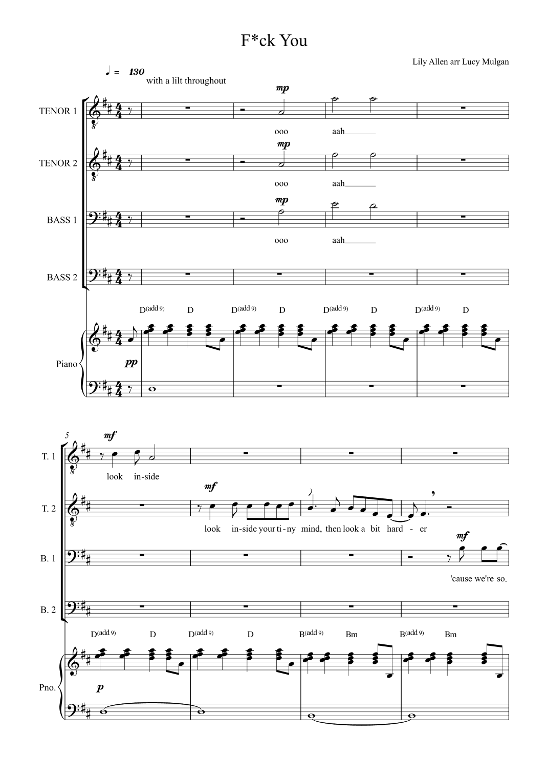 Fuck You (arr. Lucy Mulgan) by Lily Allen Sheet Music for TTBB Choir at ...