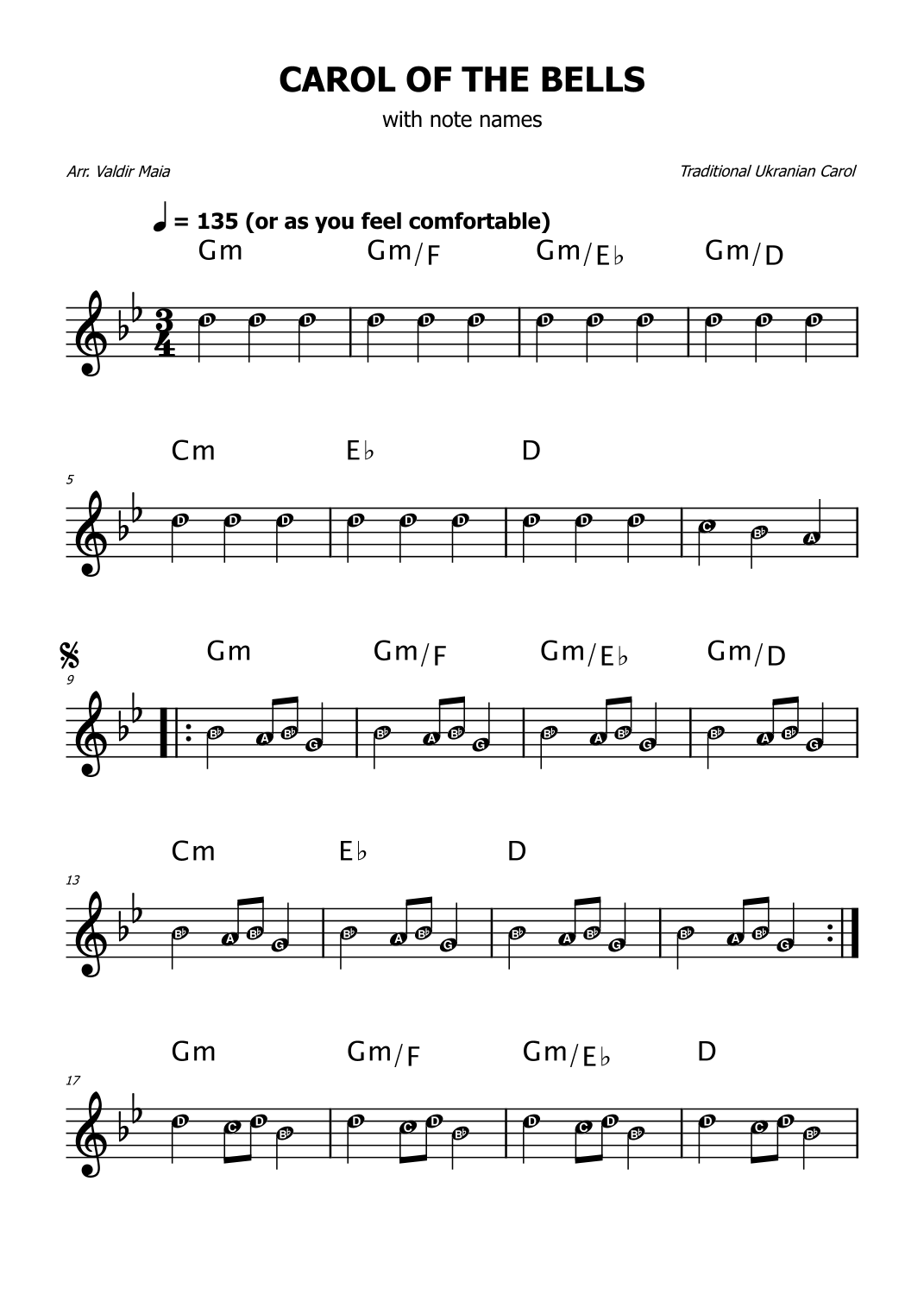 Carol of the Bells – Leadsheet in G Minor with NOTE NAMES (arr. Valdir ...