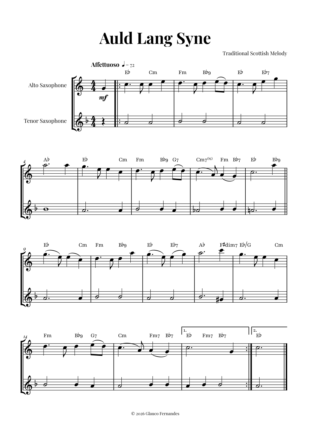 Auld Lang Syne | ALTO & TENOR SAX DUET (with Chords) by Traditional ...