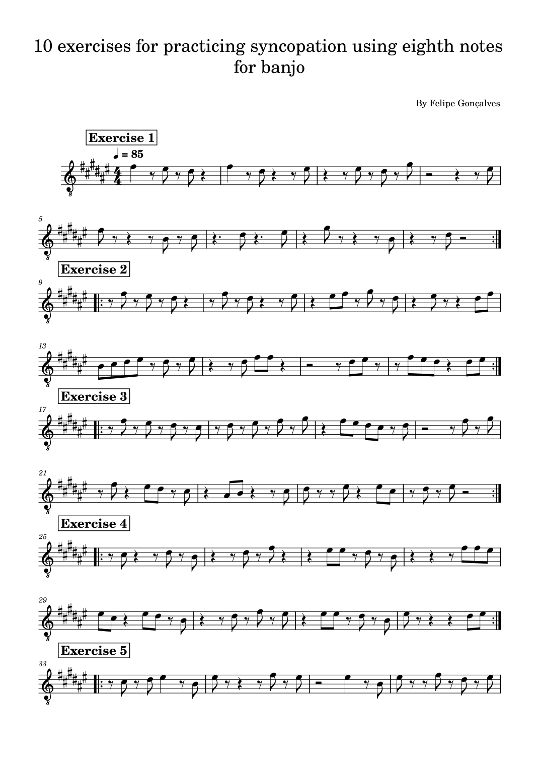 10 exercises for syncopation using eighth notes for banjo in F# major ...