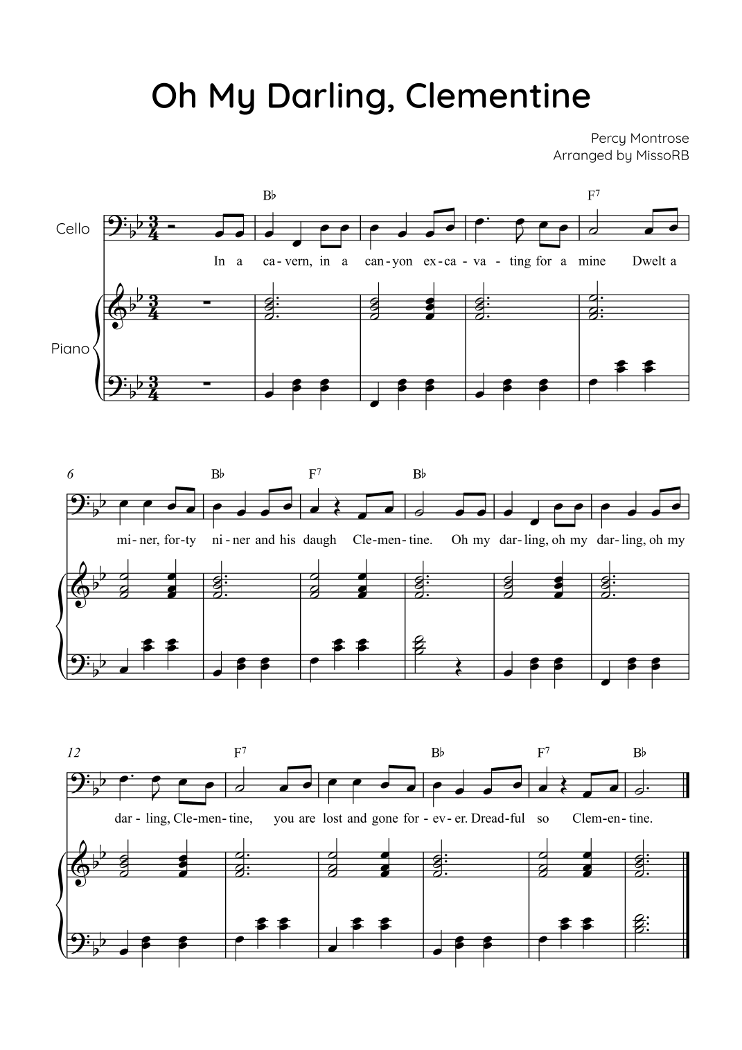 Oh My Darling, Clementine - Cello & Piano in Bb With Chords & Lyric ...