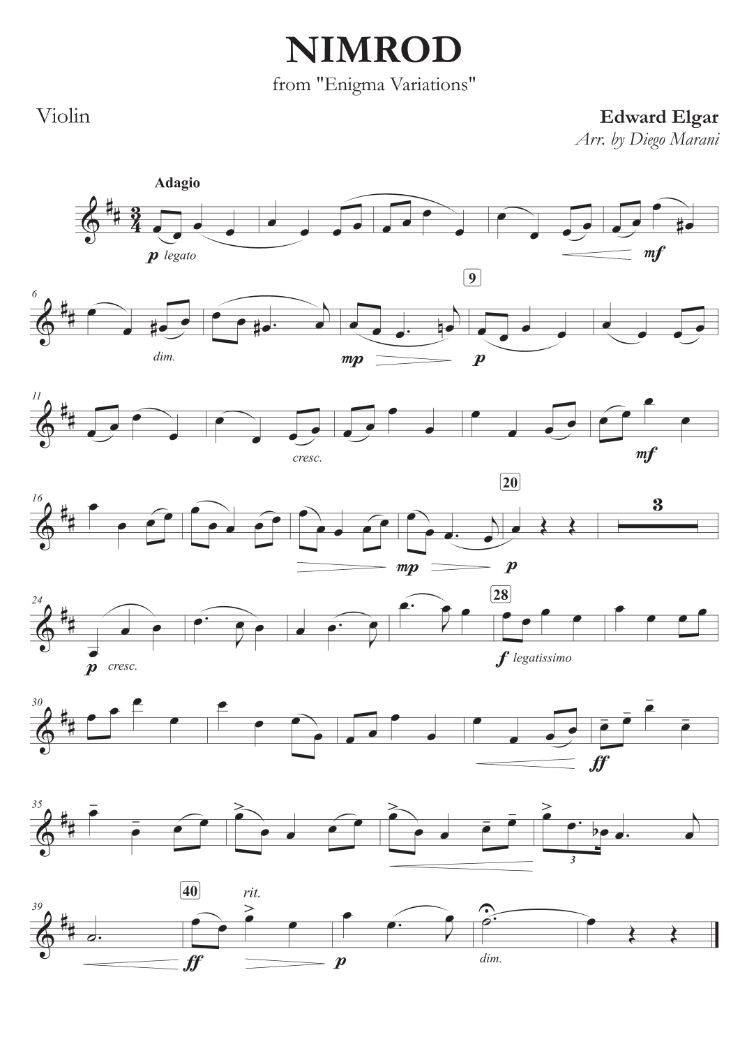 Nimrod from "Enigma Variations" for Violin and Piano (arr. Diego Marani ...