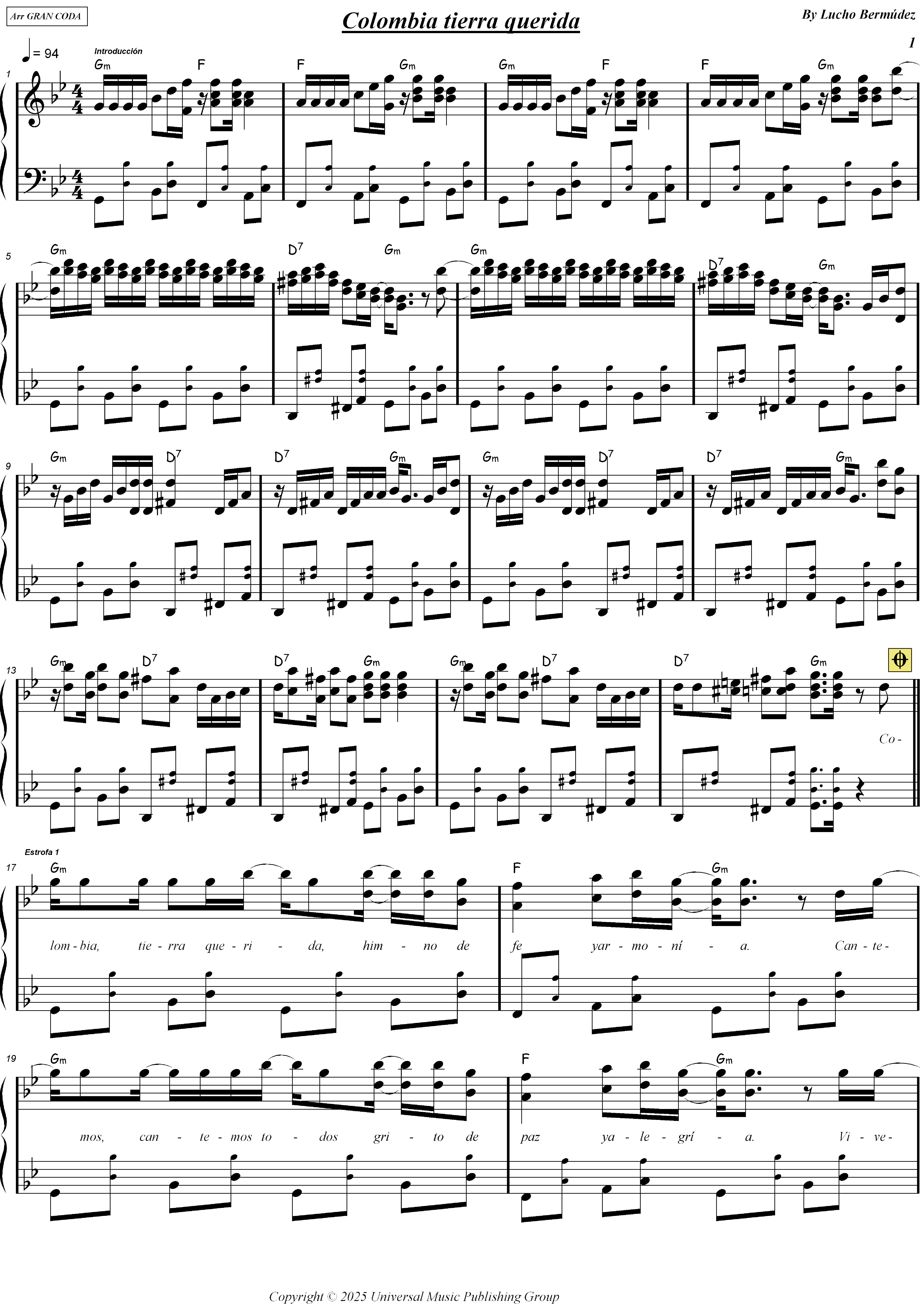 Colombia Tierra Querida by Juan Carlos Coronel Sheet Music for Piano ...