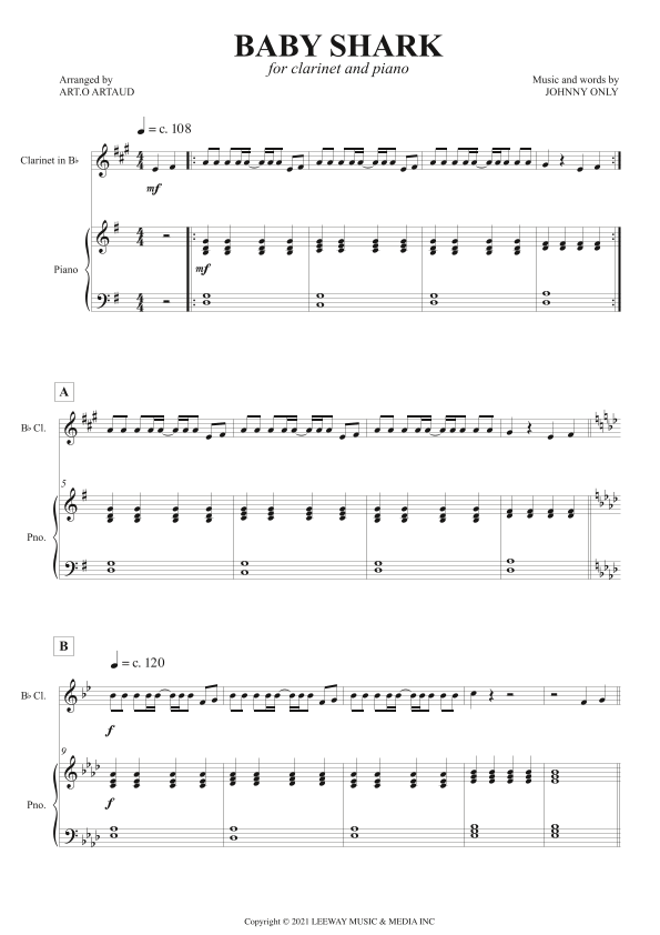 Baby Shark arr Art o Artaud By Johnny Only Sheet Music For Clarinet