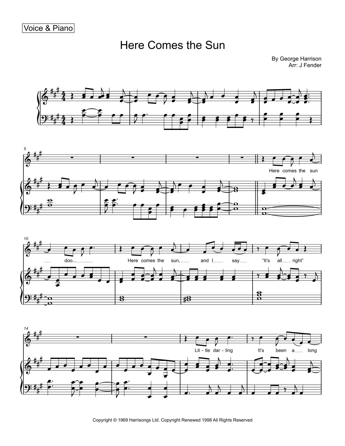 Here Comes The Sun (arr. Jerremy Fender) by The Beatles Sheet Music for ...