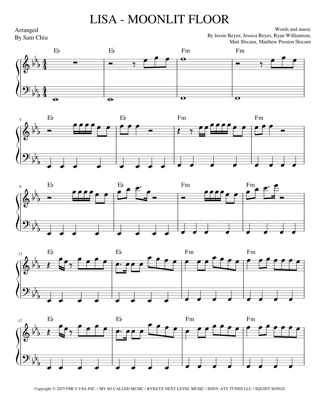 Moonlit Floor (arr. Sam Chiu by LiSA Sheet Music for Piano Solo at ...