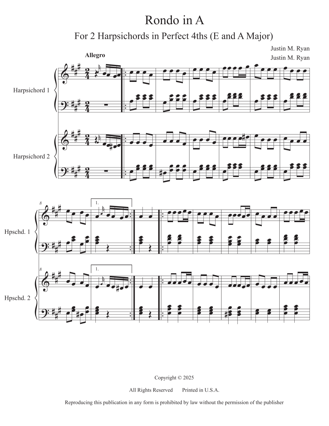 Rondo in A for 2 Harpsichords in Perfect 4ths (E and A Major) by Justin ...