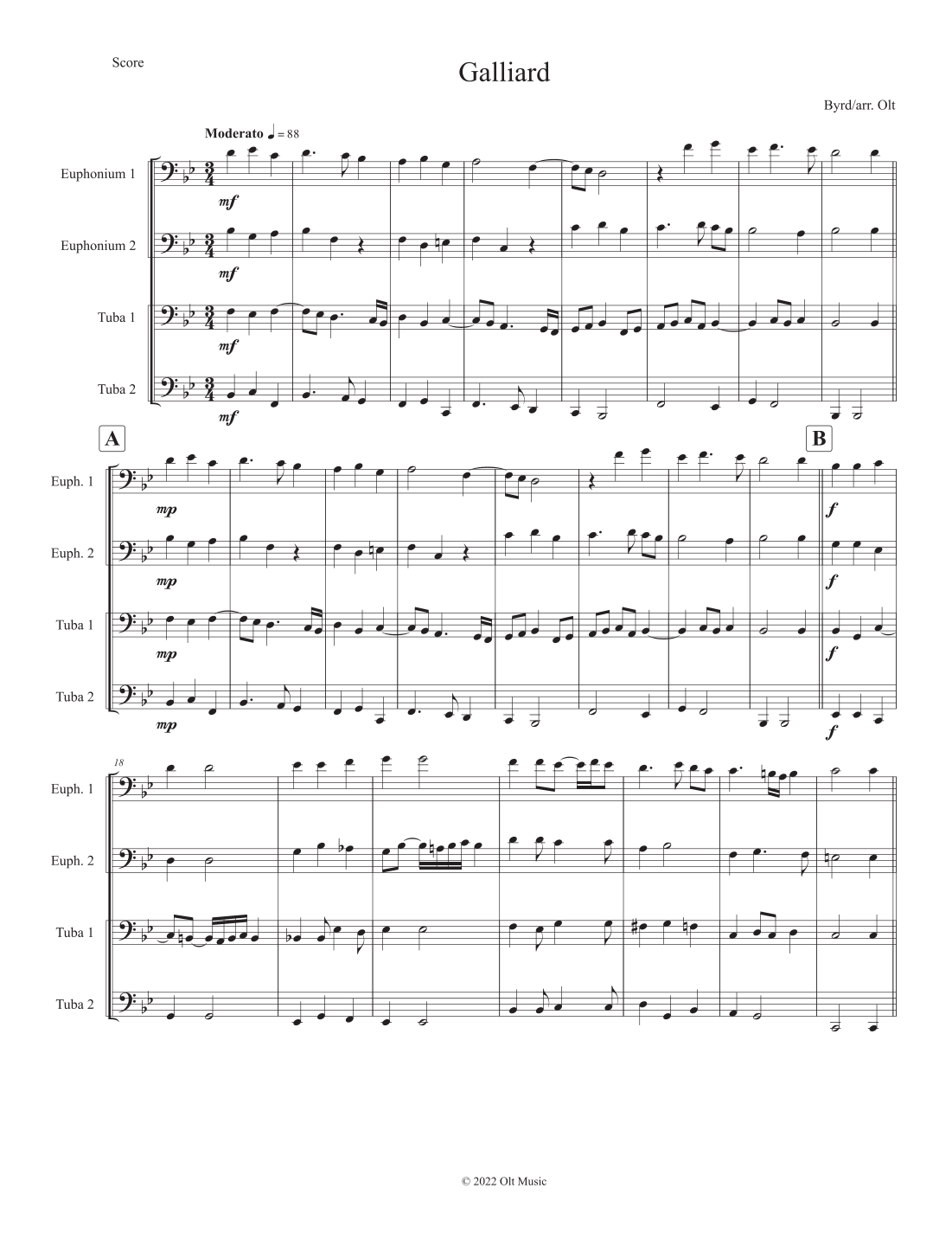 Galliard (arr. Tim Olt) by William Byrd Sheet Music for Brass Ensemble ...