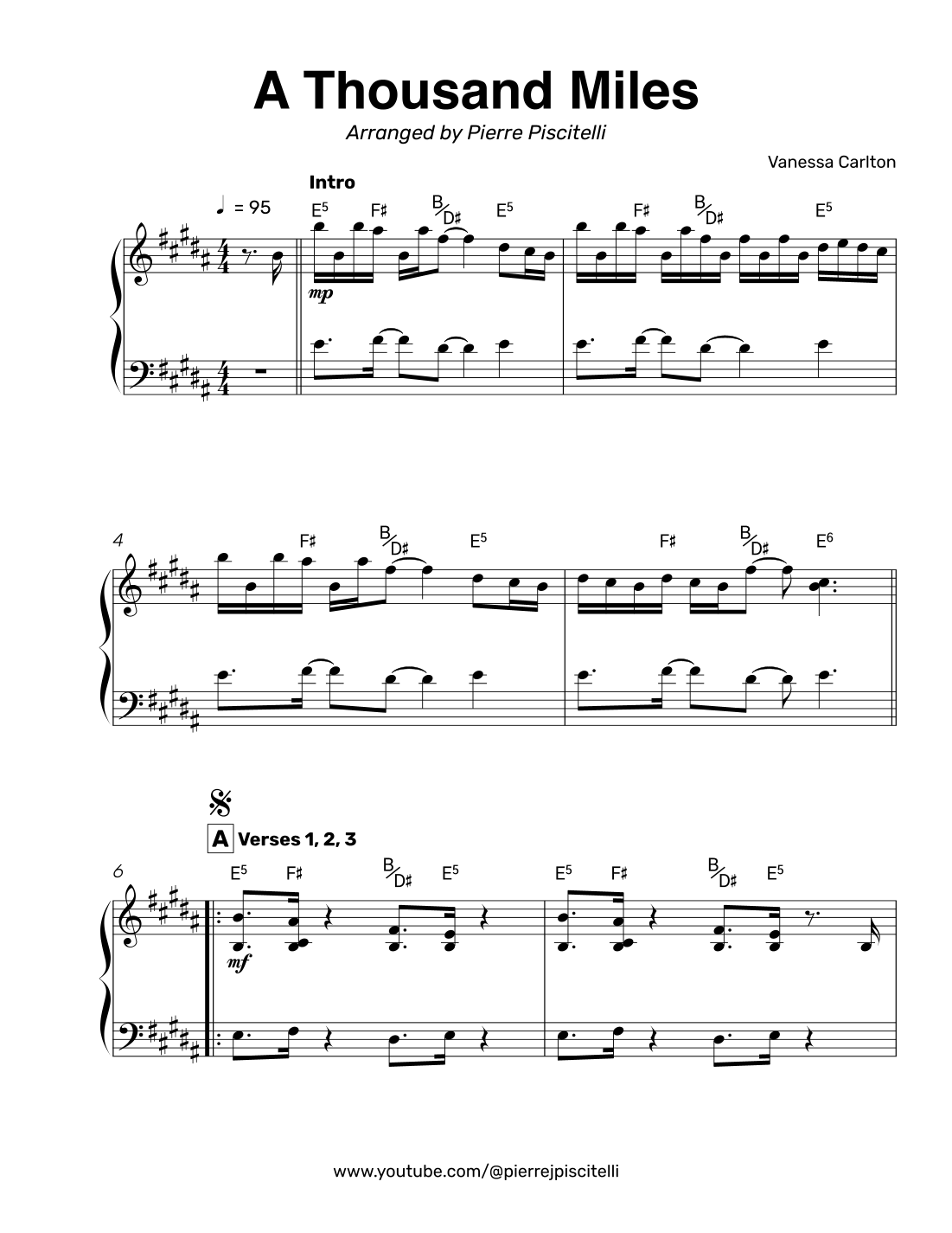 A Thousand Miles (arr. Pierre Piscitelli by Vanessa Carlton Sheet Music ...