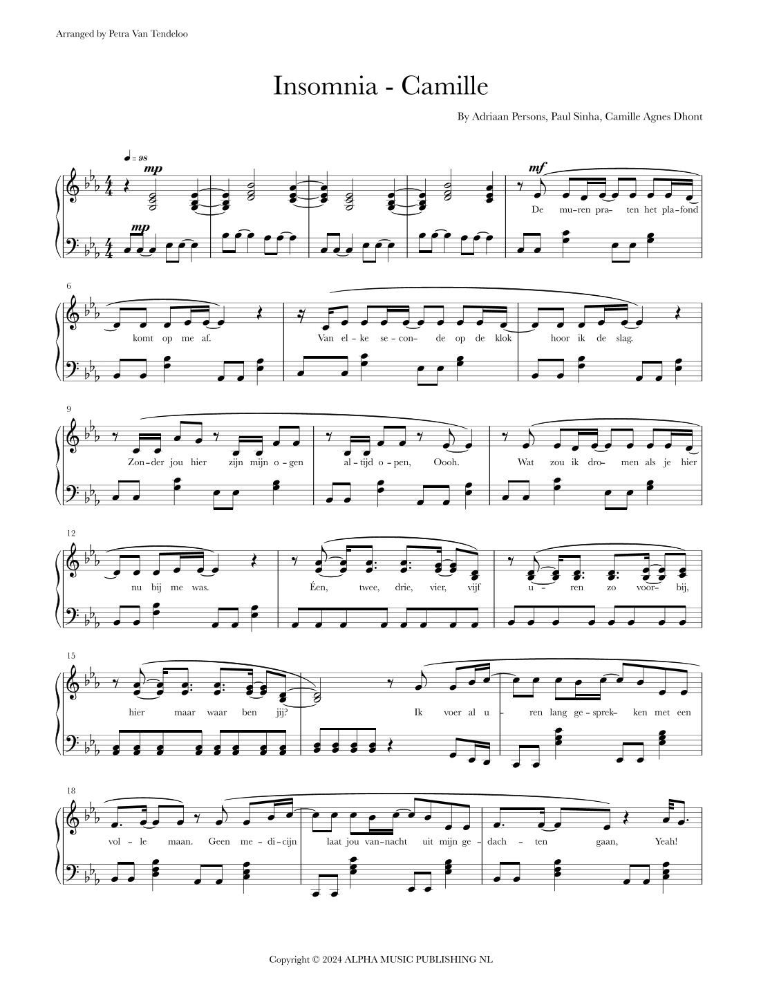 Insomnia (arr. Petra Van Tendeloo) by Camille Sheet Music for Piano ...