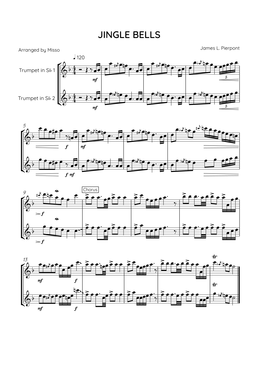 Jingle Bells - Trumpet Duet in Eb Major (Advanced) (arr. MissoRB) by ...