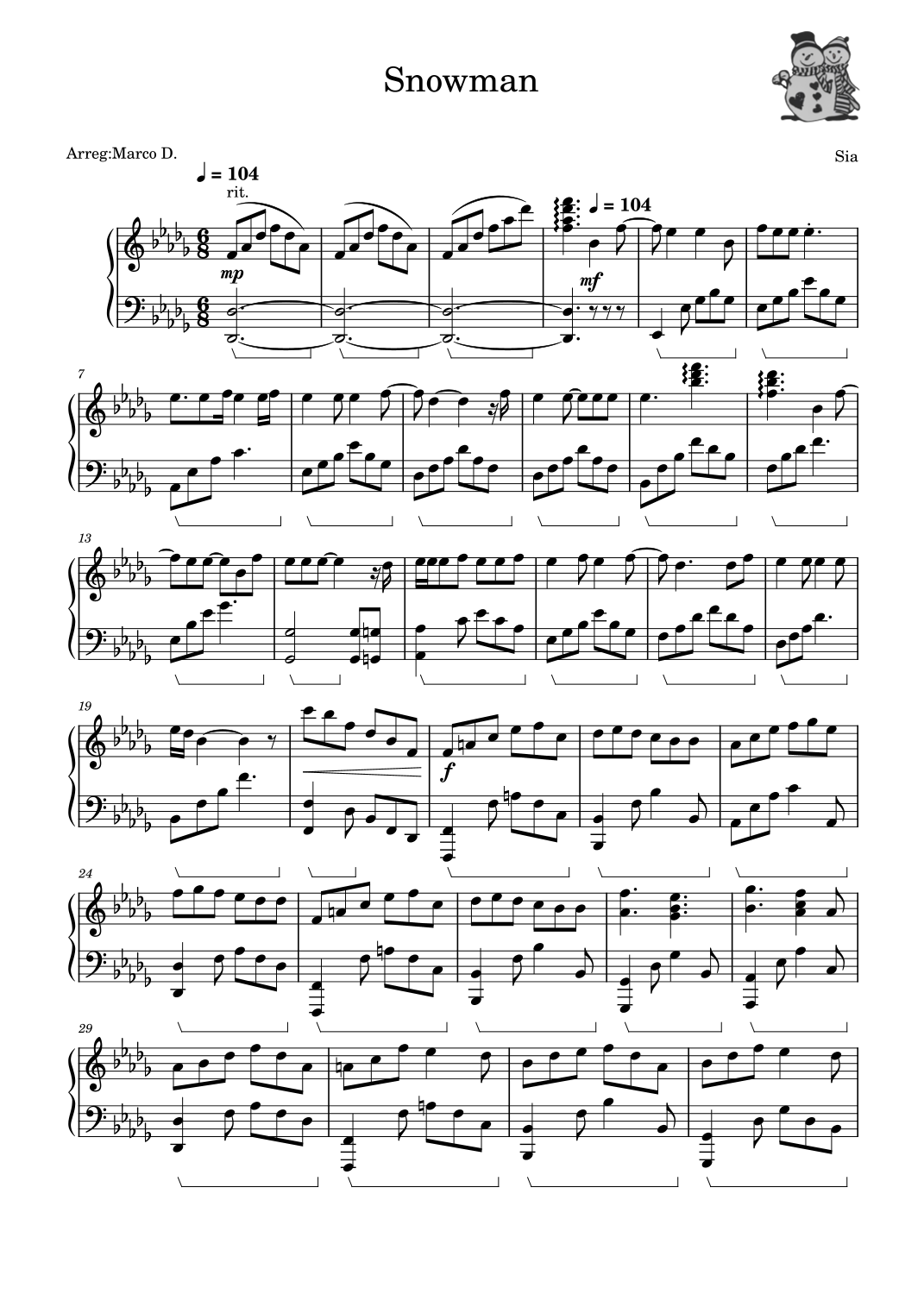 Snowman (arr. Marco D.) by Sia Sheet Music for Piano Solo at Sheet ...