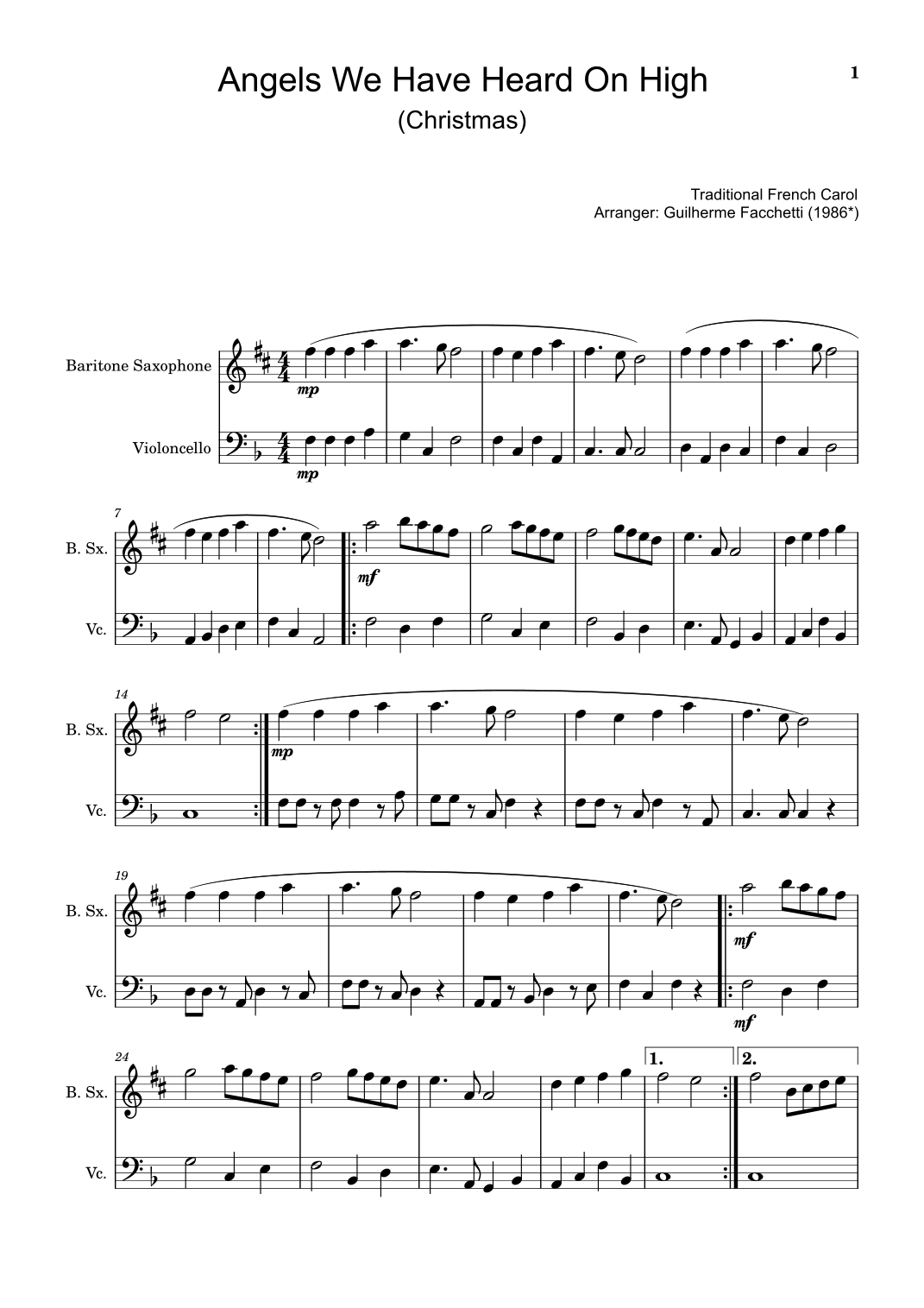 Angels We Have Heard On High - Arranged for B. Sax. and Cello. (arr ...