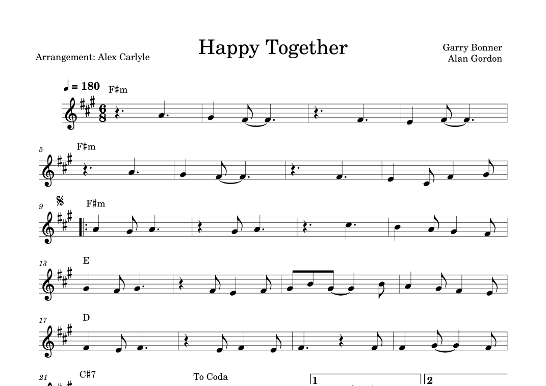 Happy Together (arr. Alex Carlyle) by The Turtles Sheet Music for Lead ...
