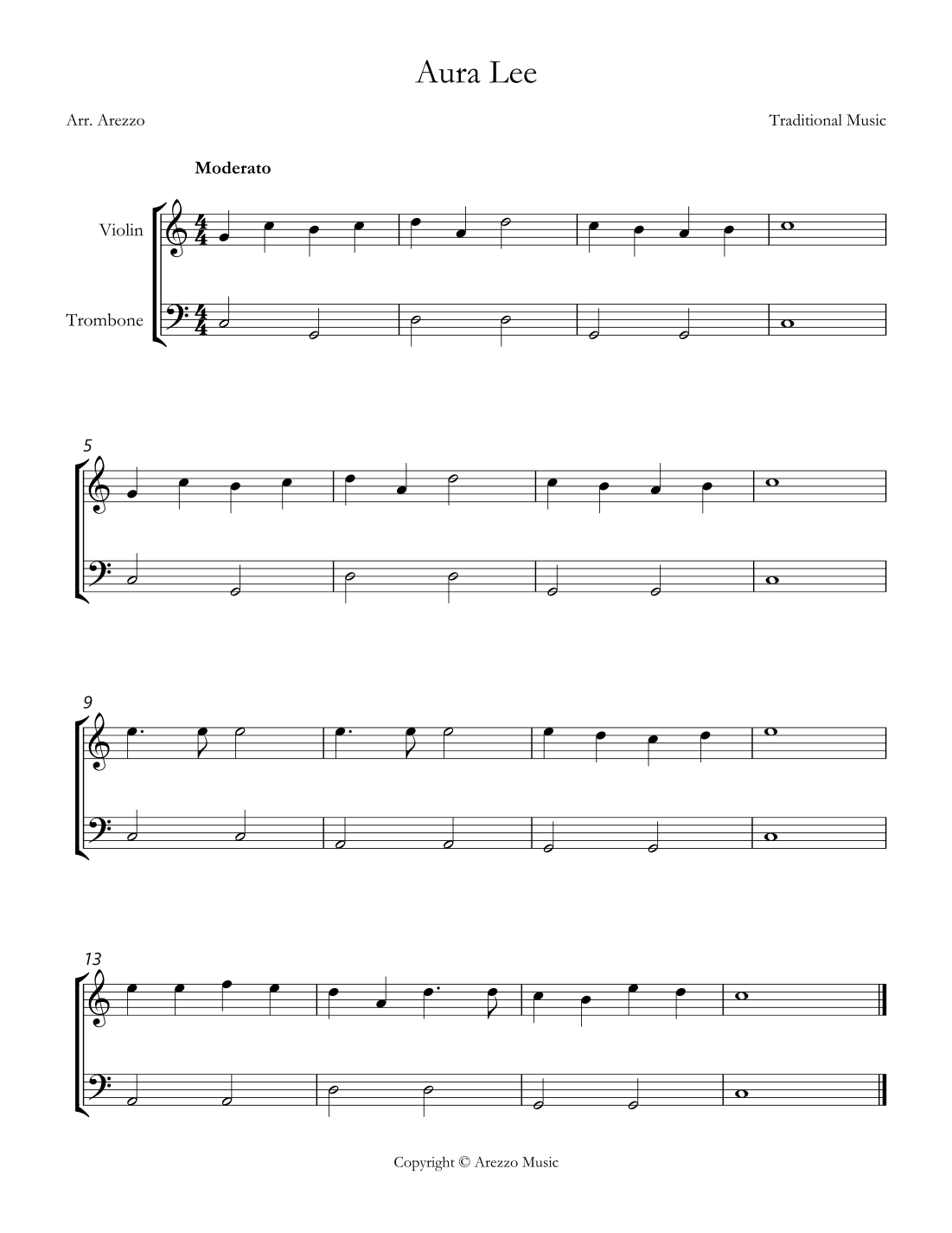 Aura Lee – Easy Violin and Trombone Sheet Music (arr. Arezzo Music) by ...