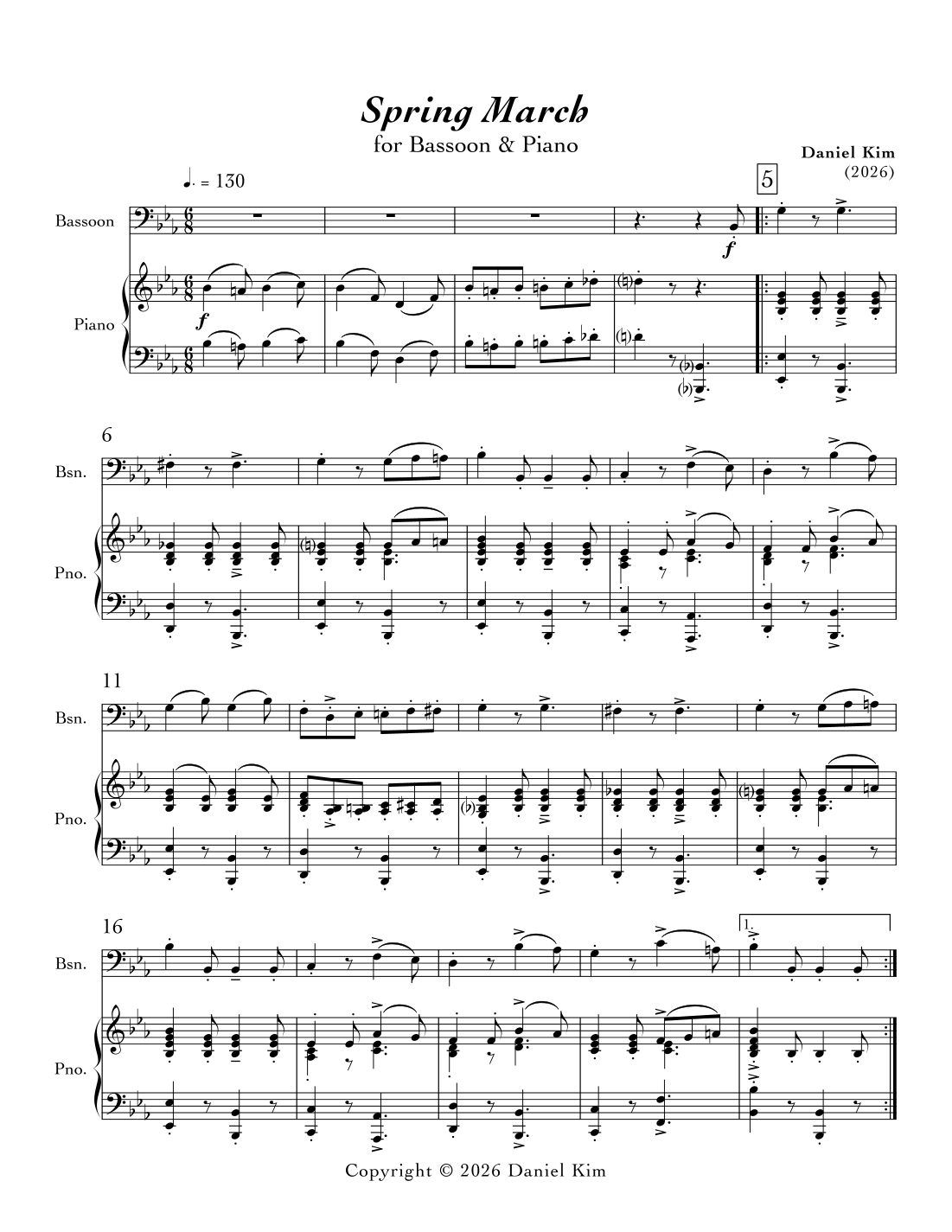 Spring March (Bassoon & Piano) by Daniel Kim Sheet Music for Bassoon ...