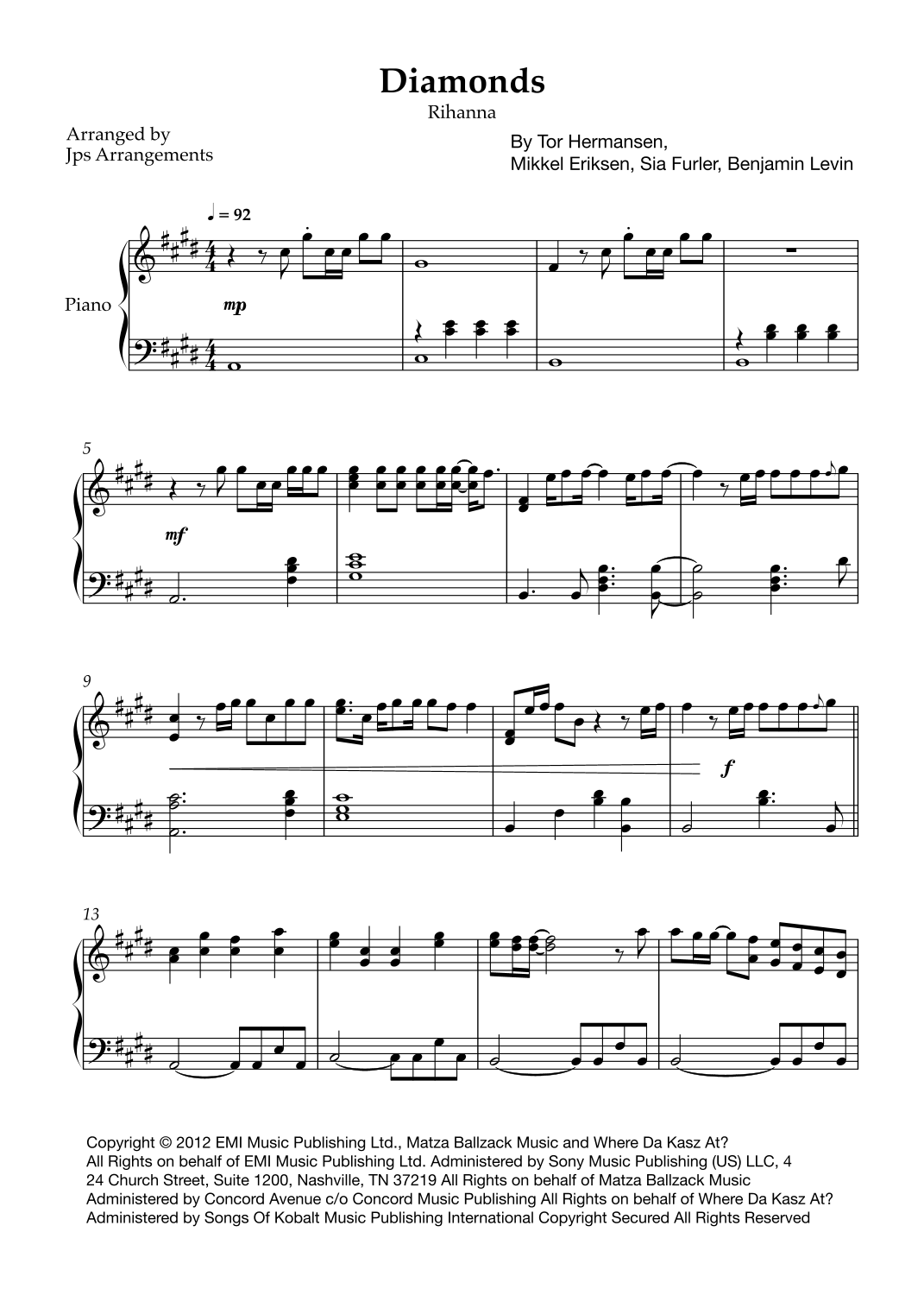Diamonds (arr. Jps Arrangements) by Rihanna Sheet Music for Piano Solo ...