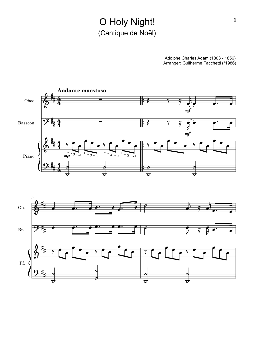O Holy Night! - Oboe, Bassoon and Piano. With Parts. (arr. Guilherme ...